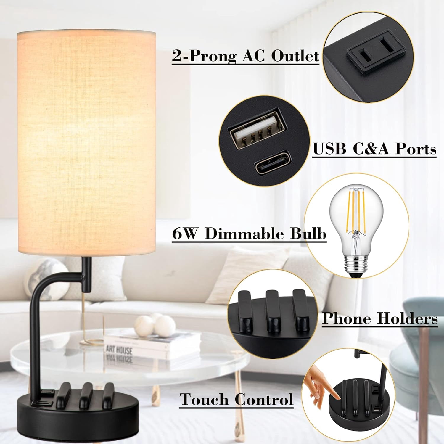 Touch Control USB Table Lamp, Upgraded 3-Way Dimmable Bedside Desk Lamp ...