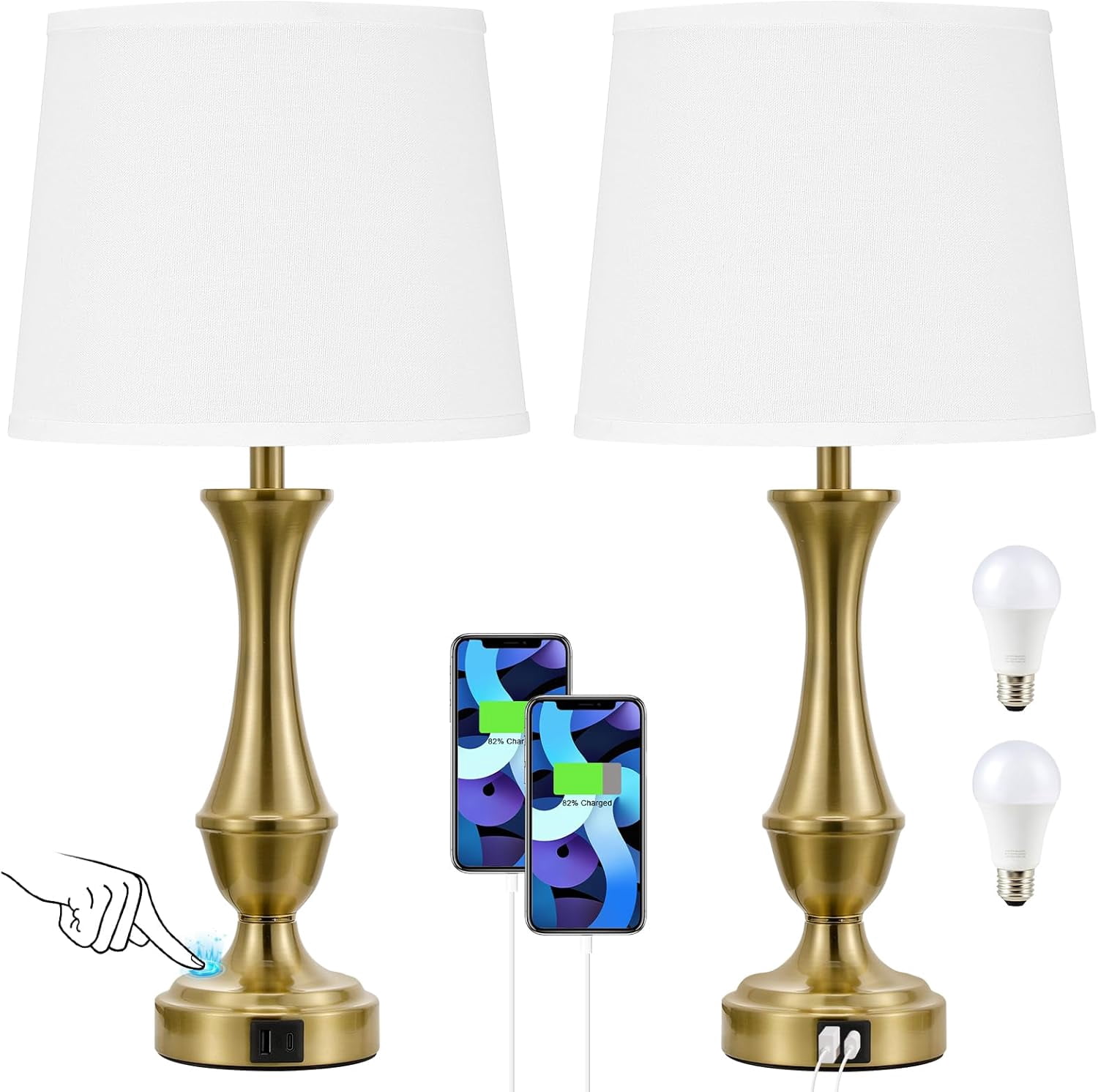 Touch Lamps for Bedrooms Set of 2 - Nightstand Table Lamp with USB C+A ...