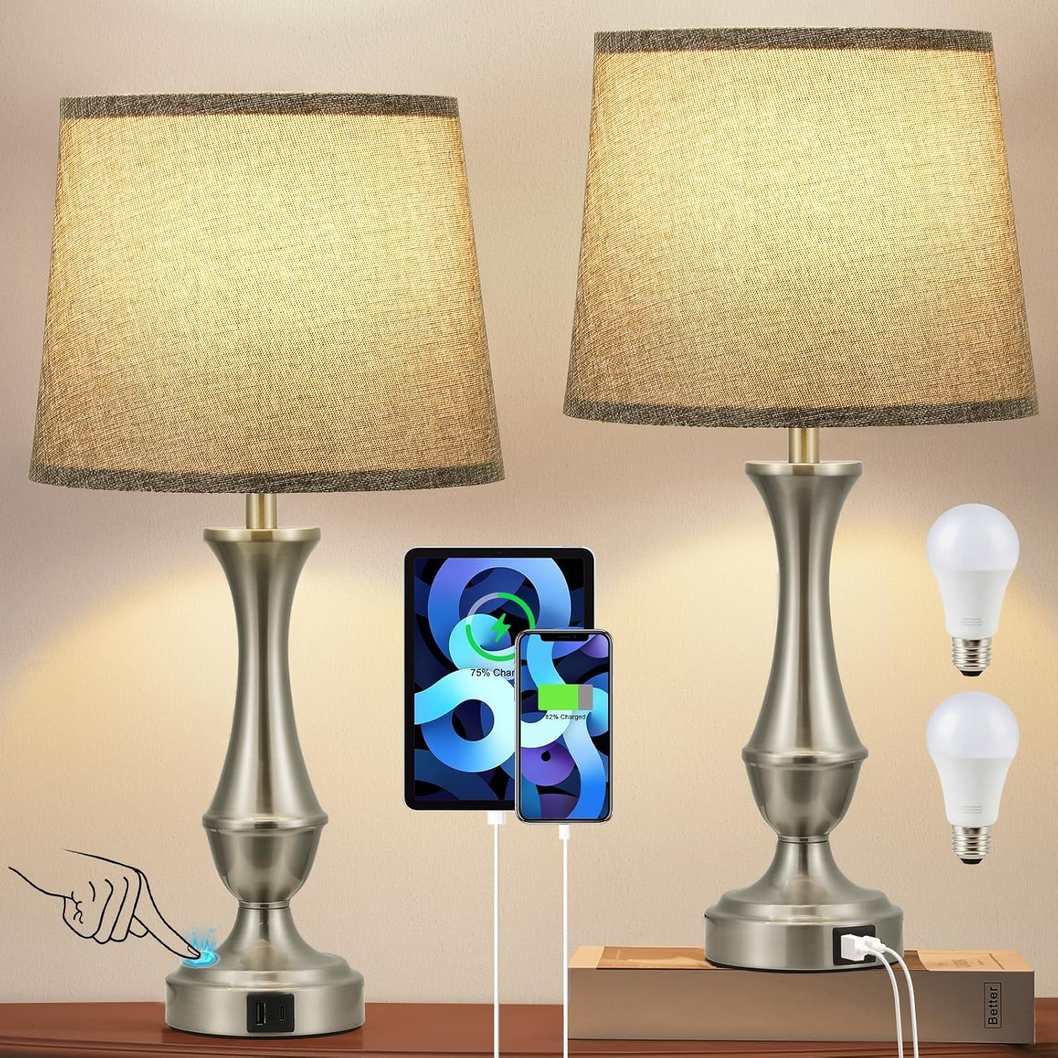 Touch Lamps for Bedrooms Set of 2 - Nightstand Table Lamp with USB C+A ...