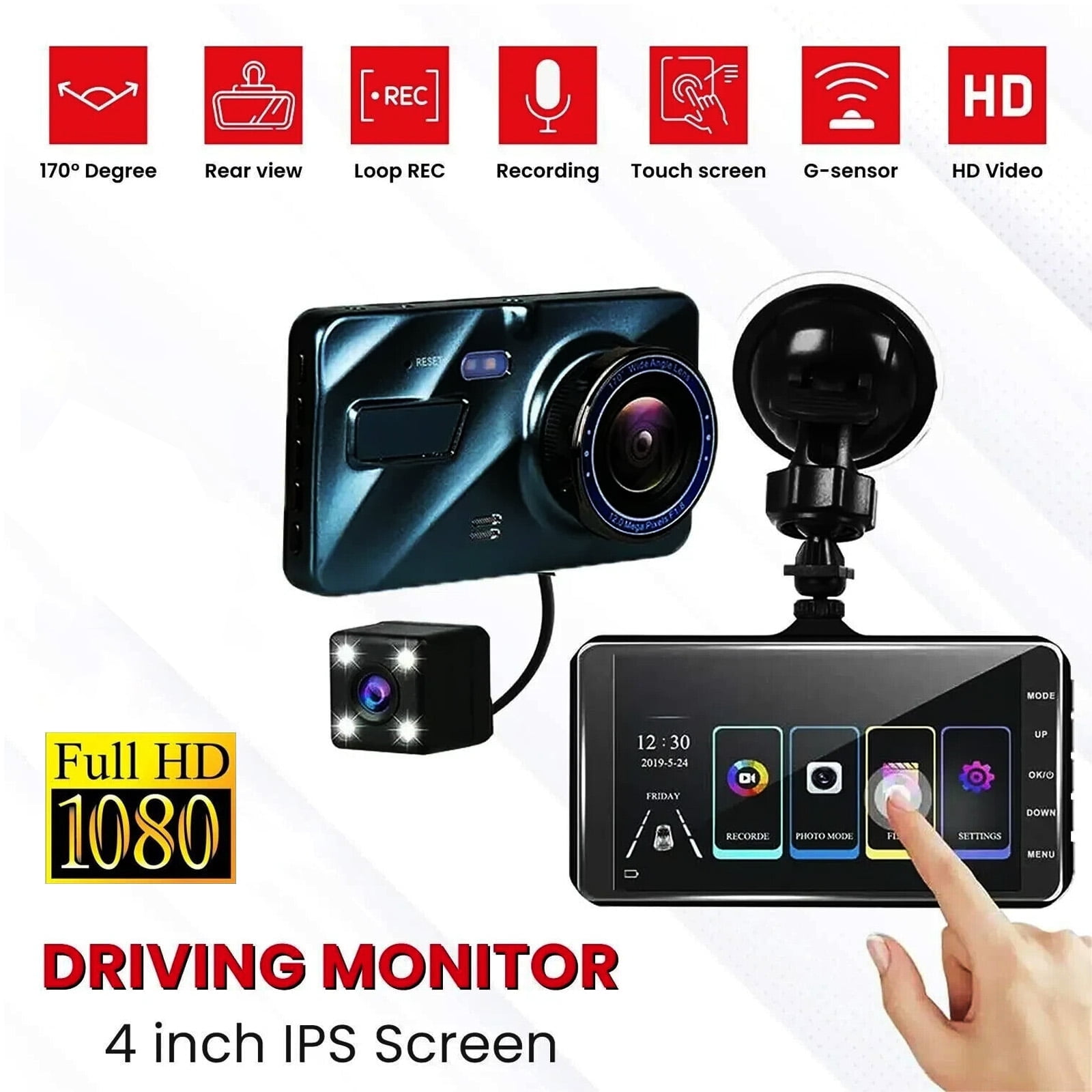 Touch Screen Car Dash Cam 1080P Dash Cam Front and Rear, with 4" LCD ...