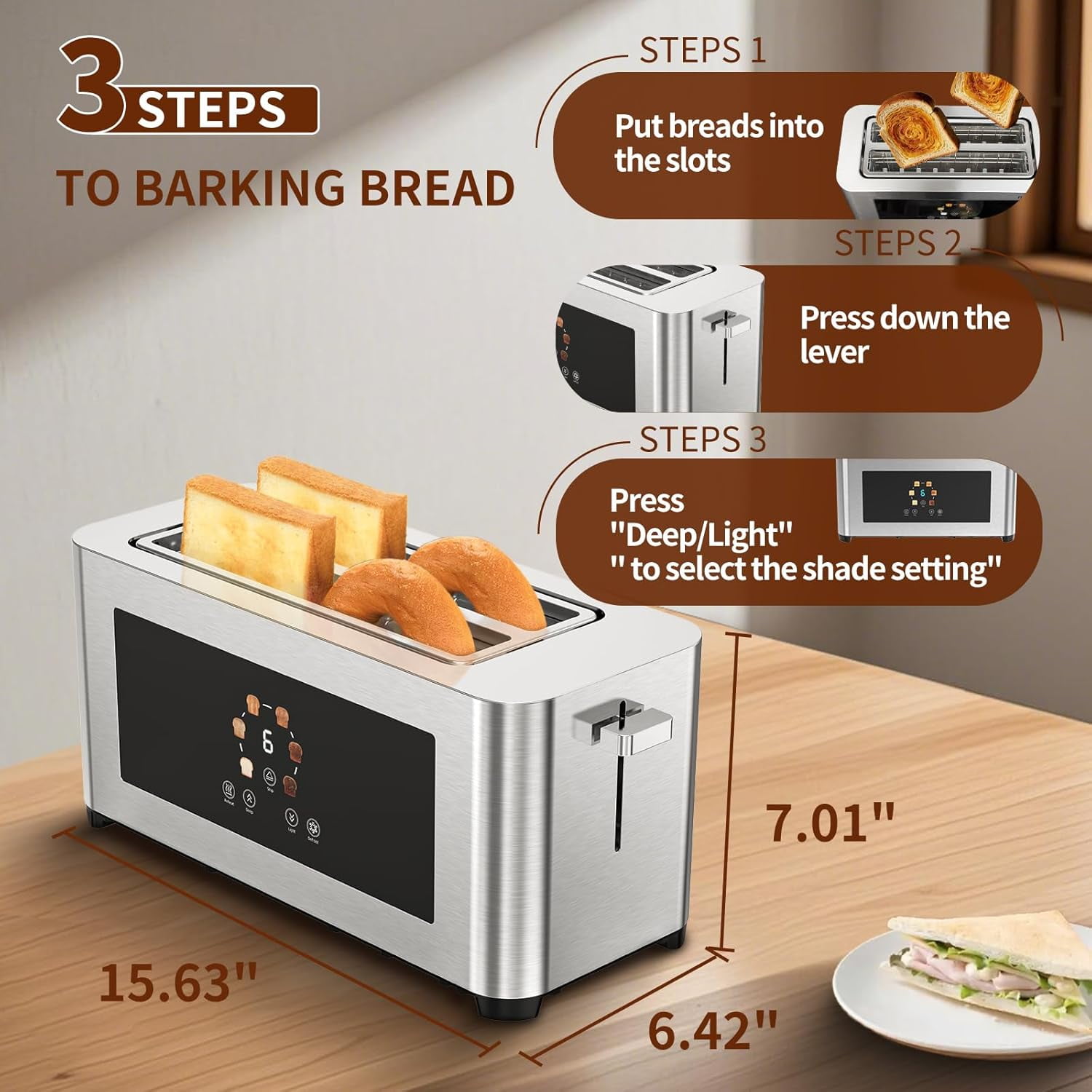 Touch Screen Toaster 4 Slice, LCD Display, 1.6 Long Slot with 6 Shade ...