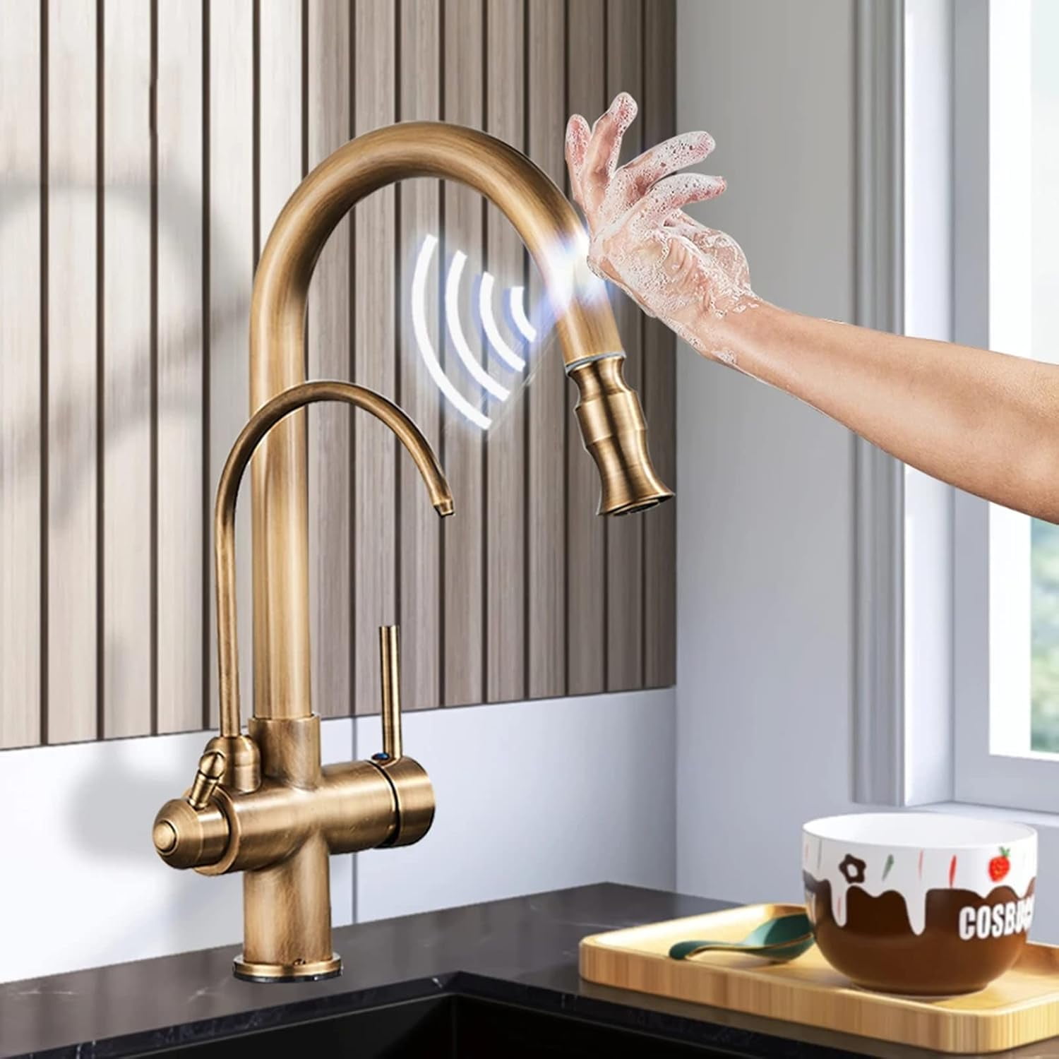 Touch Sensor Kitchen Faucet with Drinking Water Faucet Antique Brass Pull Down Kitchen Sink ...