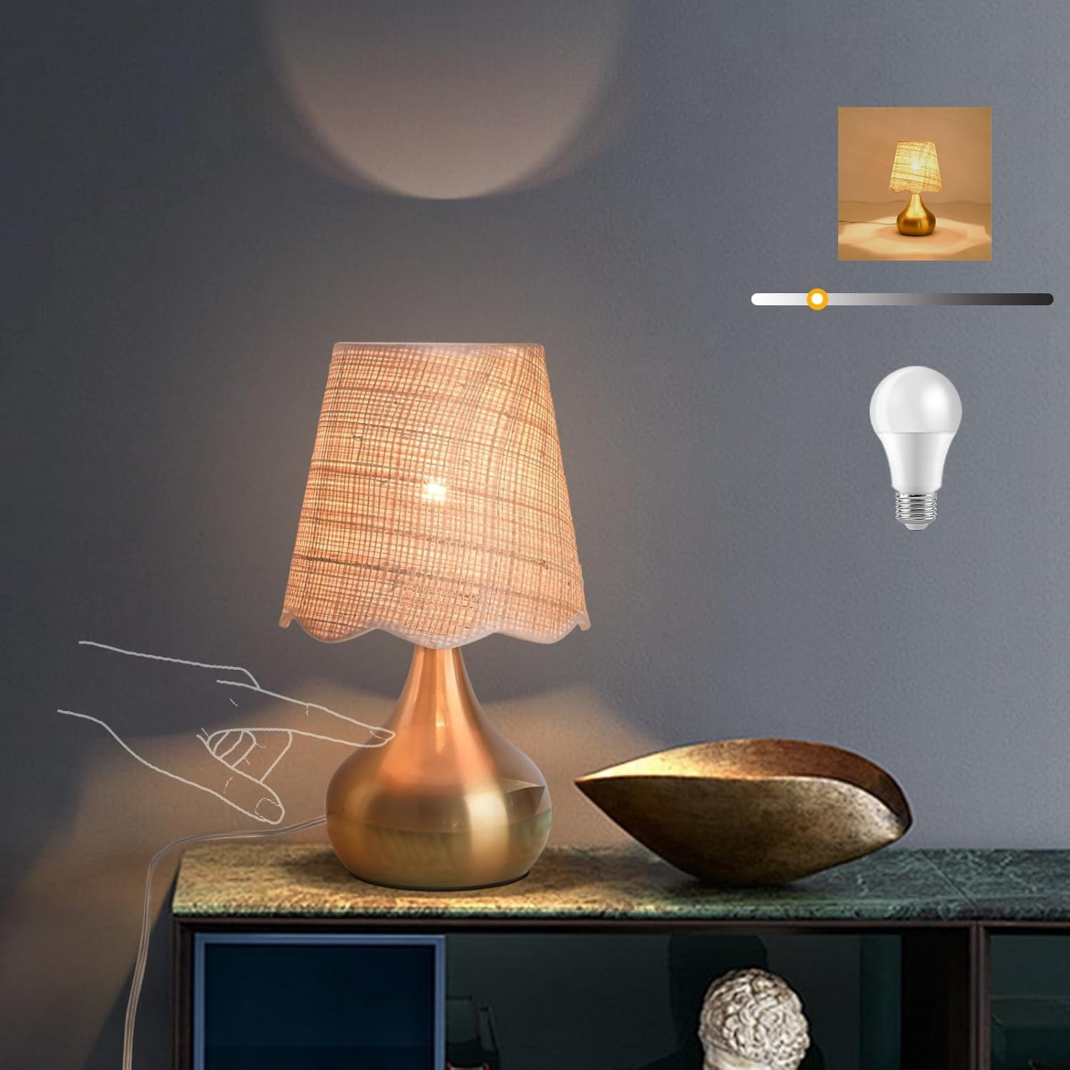 Touch Small Bedside Lamp for Bedrom, 3-Way Dimmable Gold Touch Control ...