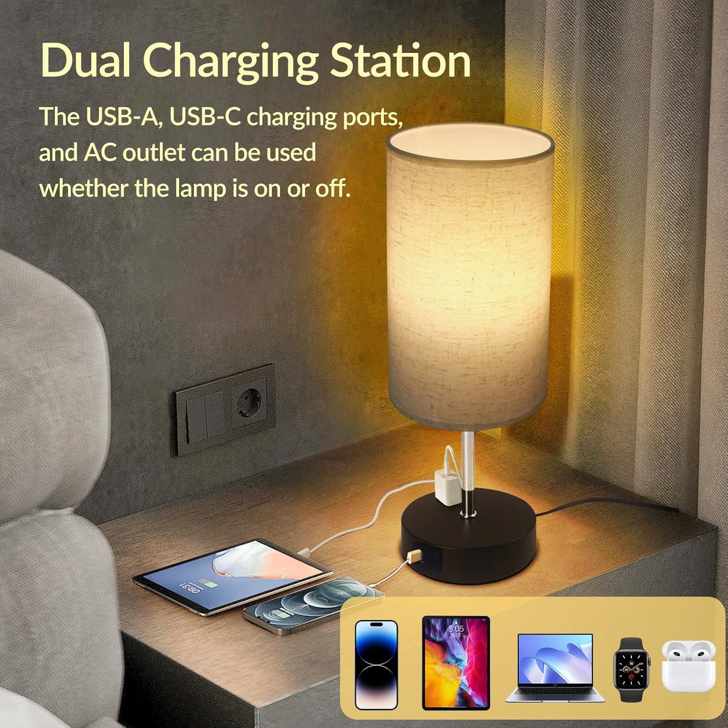 Touch Table Lamp for Bedroom, 3 Way Dimmable Bedside Lamp with USB C+A ...