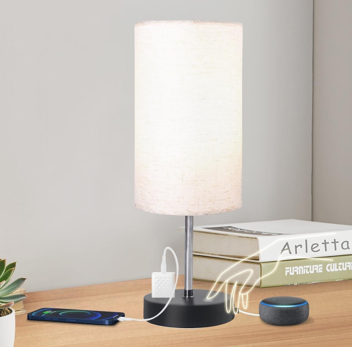 Touch Table Lamp for Bedroom, 3 Way Dimmable Bedside Lamp with USB C+A ...