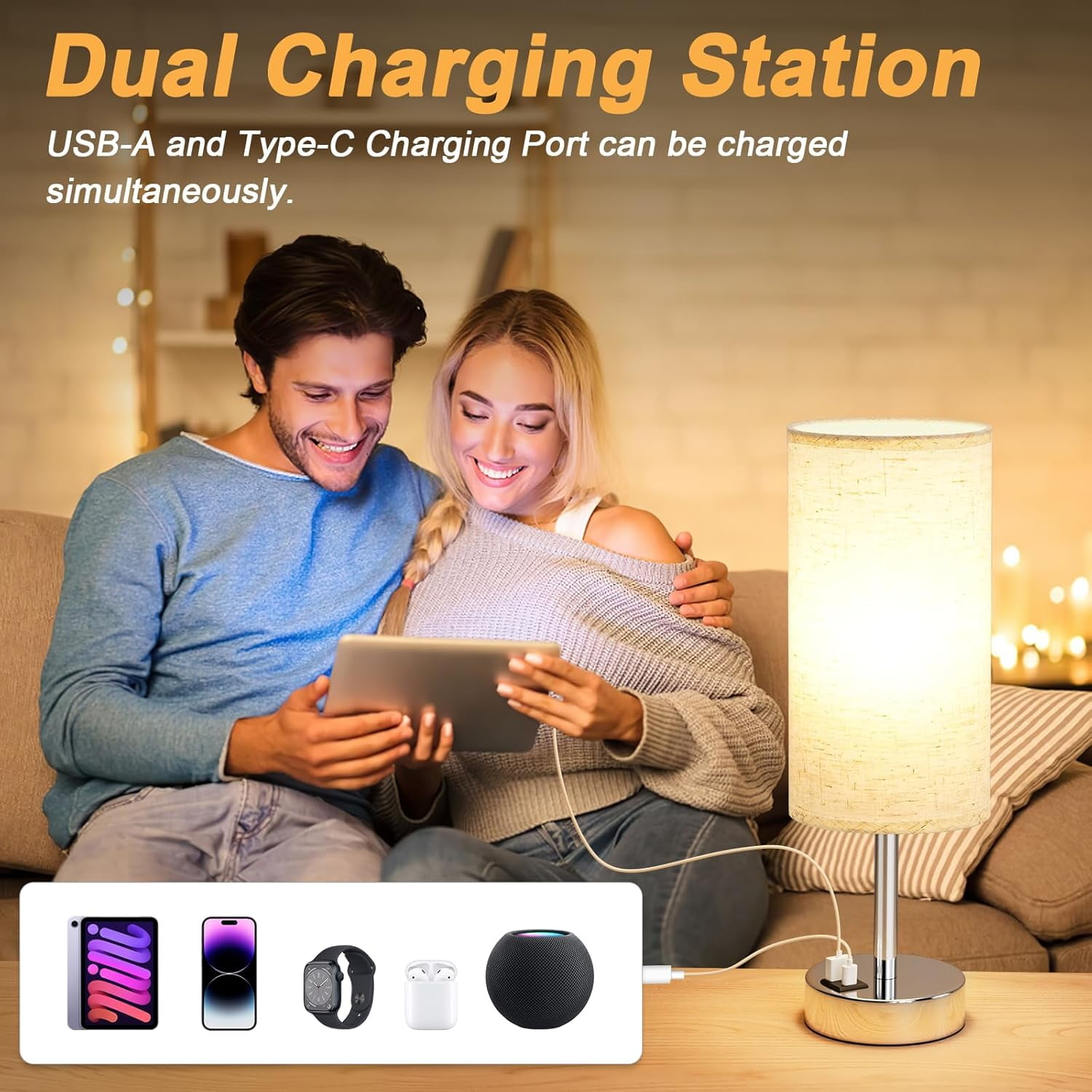 Touch Table Lamp for Bedroom Nightstand - Bedside Lamp with USB-C USB-A ...