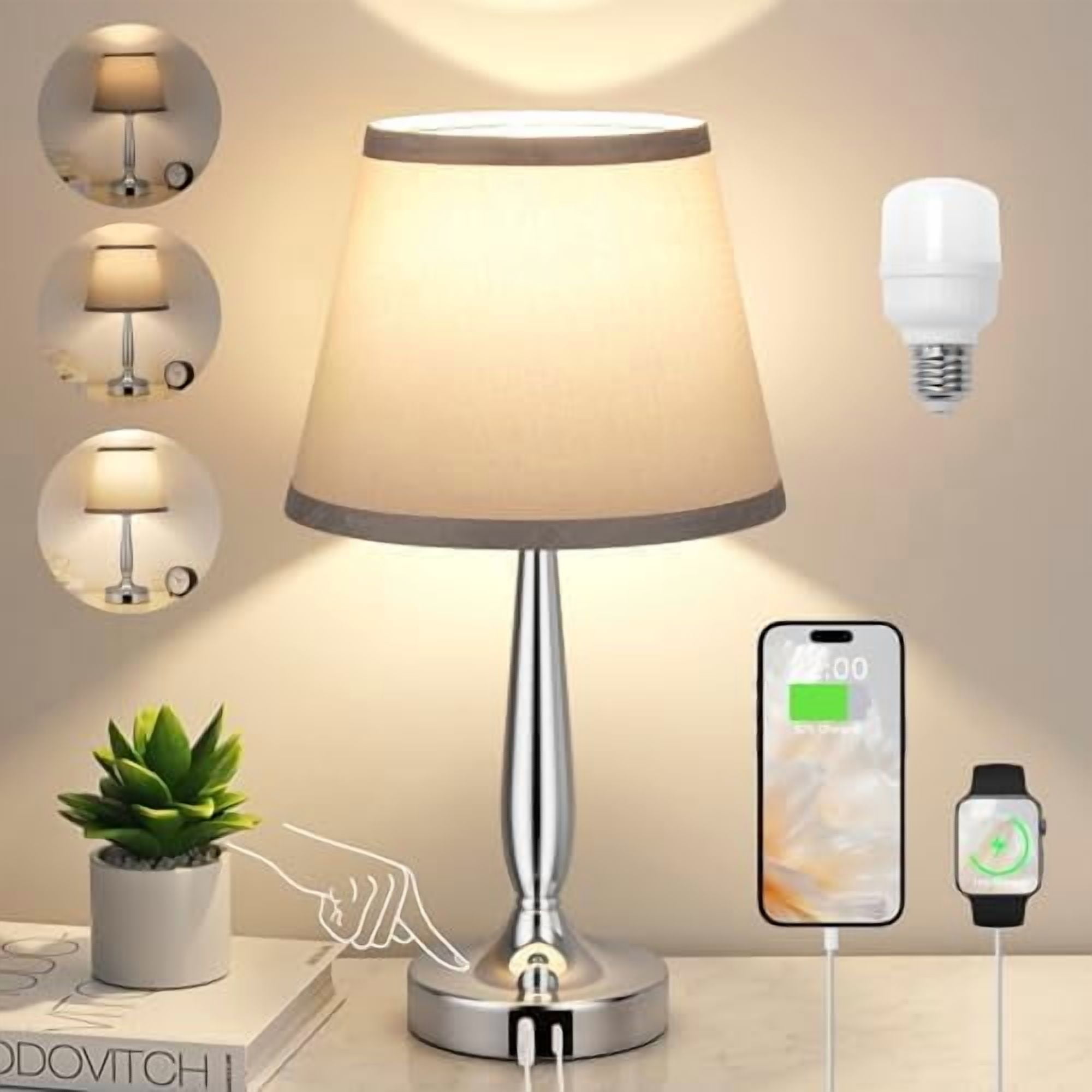 Touch Table Lamp for Bedroom, Small Bedside Lamp with USB C Charging ...