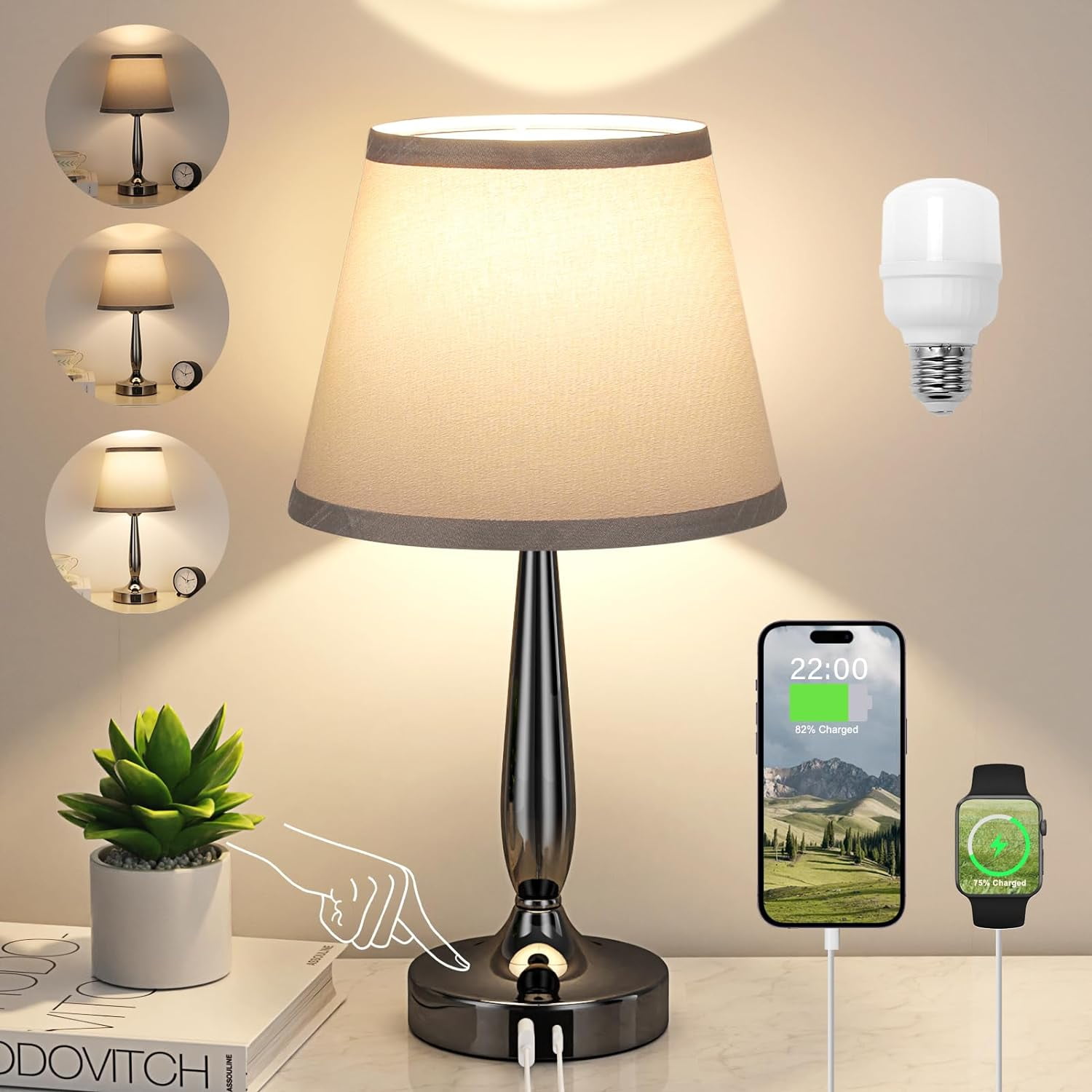 Touch Table Lamp for Bedroom, Small Bedside Lamp with USB C Charging ...
