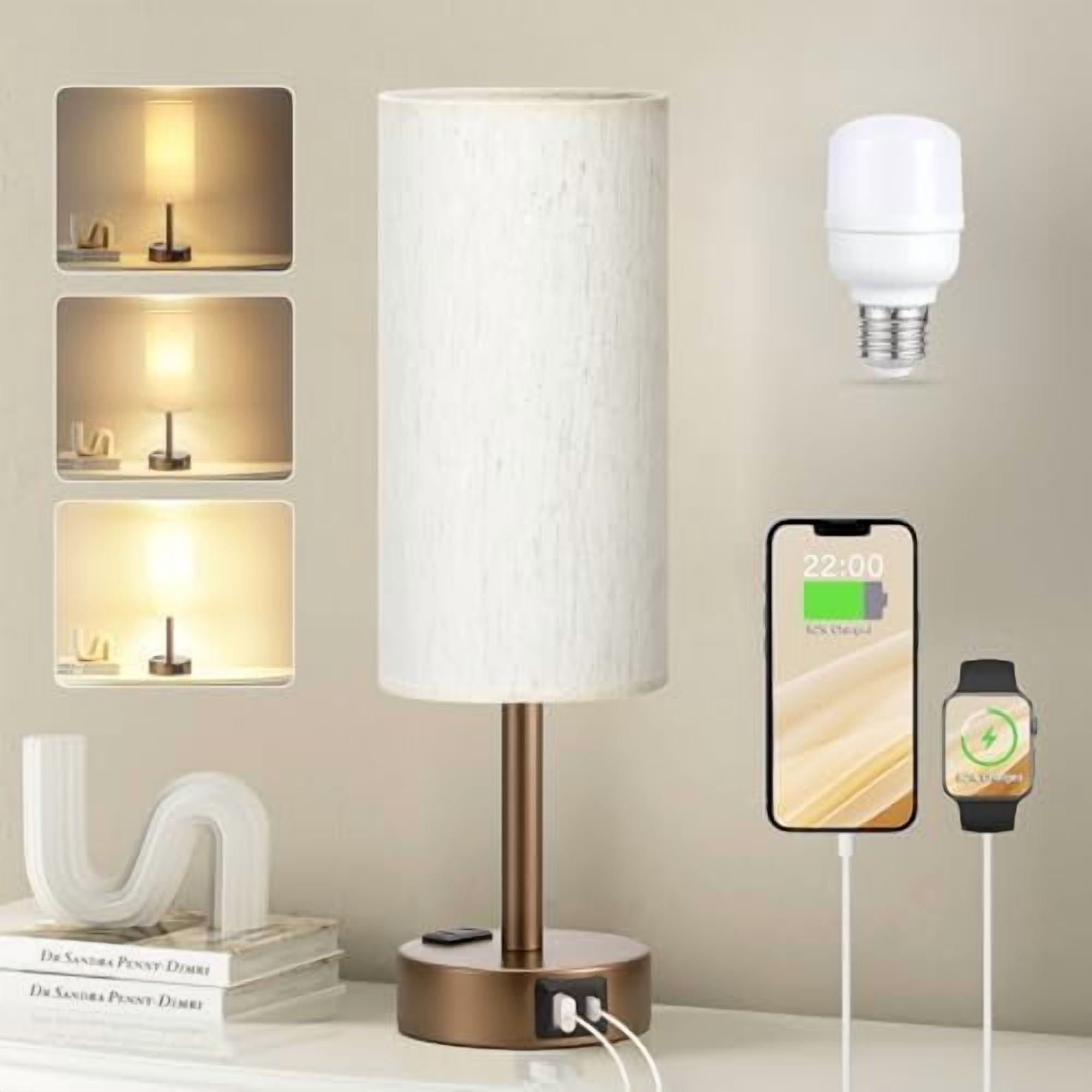 Touch Table Lamp - Cream, 3-Way Dimmable, USB A + C Charging, AC Outlet ...