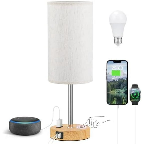 Touch Table Lamp - Cream, 3-Way Dimmable, USB A + C Charging, AC Outlet ...