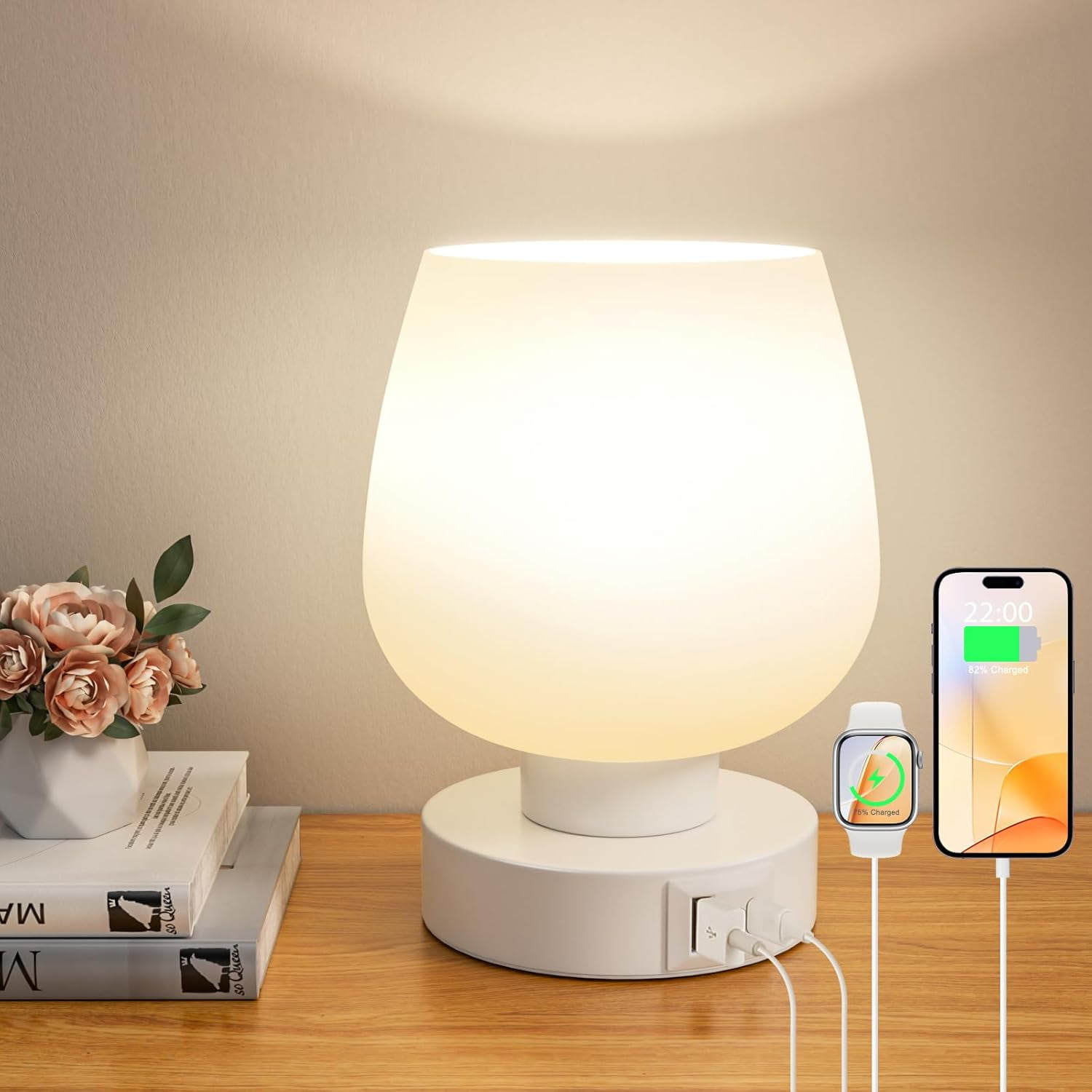 Touch Table Lamp for Nightstand - Bedside Lamp with USB C+A Charging ...