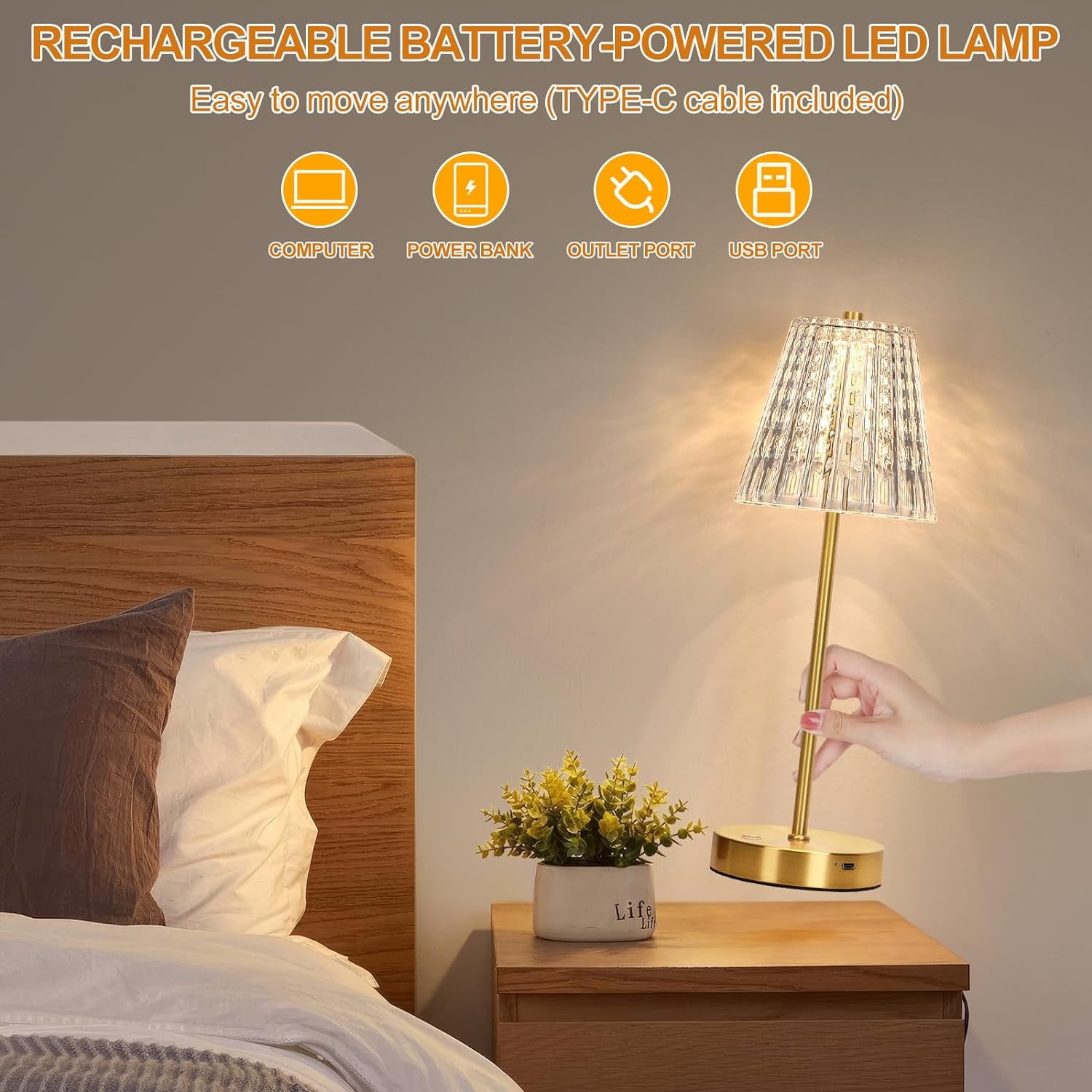 Touch Table Lamp, Stepless Dimming Crystal LED Lamp with 3 Modes ...