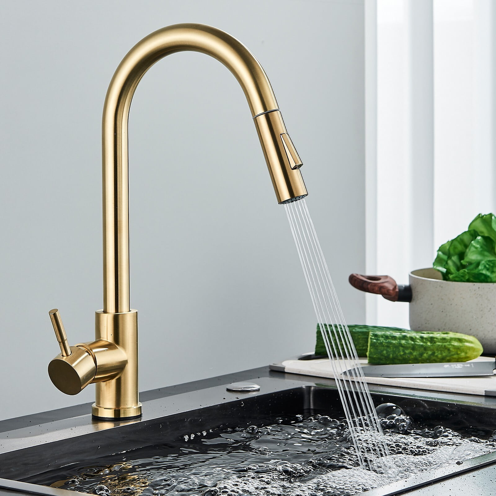 Touch on Kitchen Sink Faucet Pull Down Sprayer Brushed Gold Mixer Taps ...