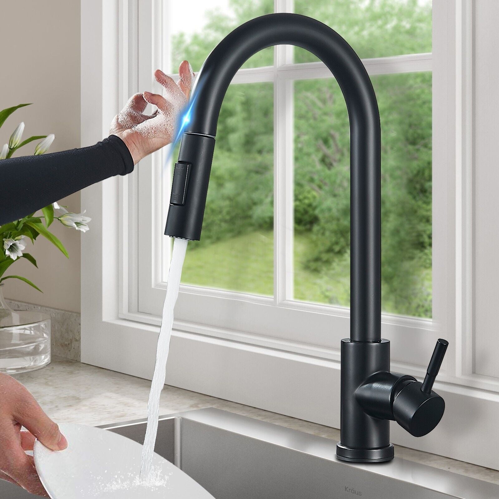 Touch sensor Kitchen Sink Faucet Black Pull Down Sprayer Single Handle ...