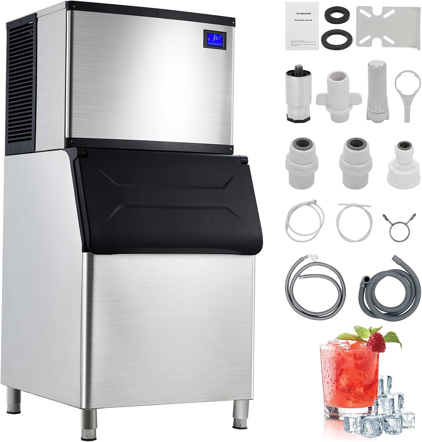Touchscreen Ice Maker Machine, Split Ice Machine Made of Stainless Steel, 500Lbs Storage Bin ...