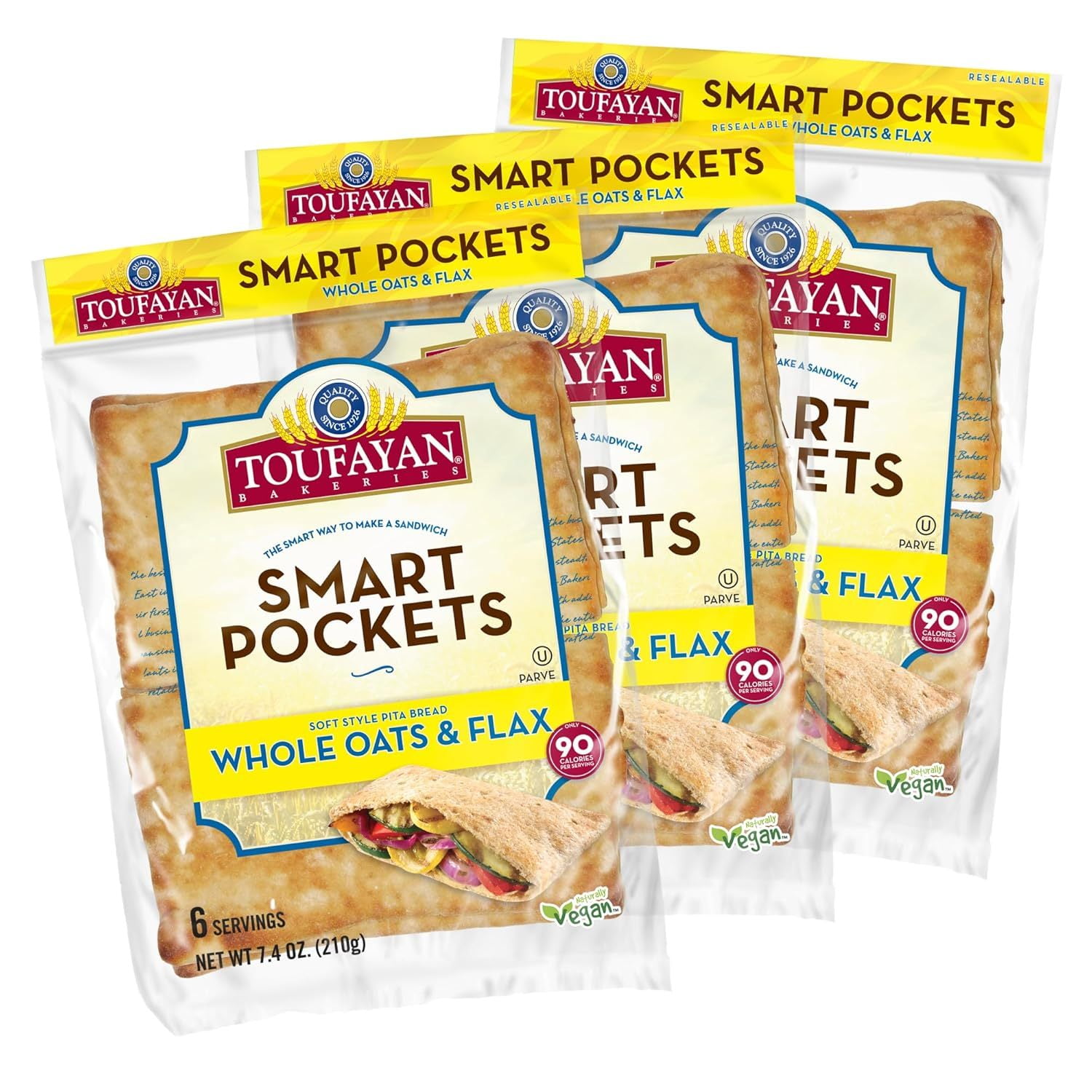 Toufayan Smart Carb Smart Pockets Pita Bread | Naturally Vegan (3 Pack ...