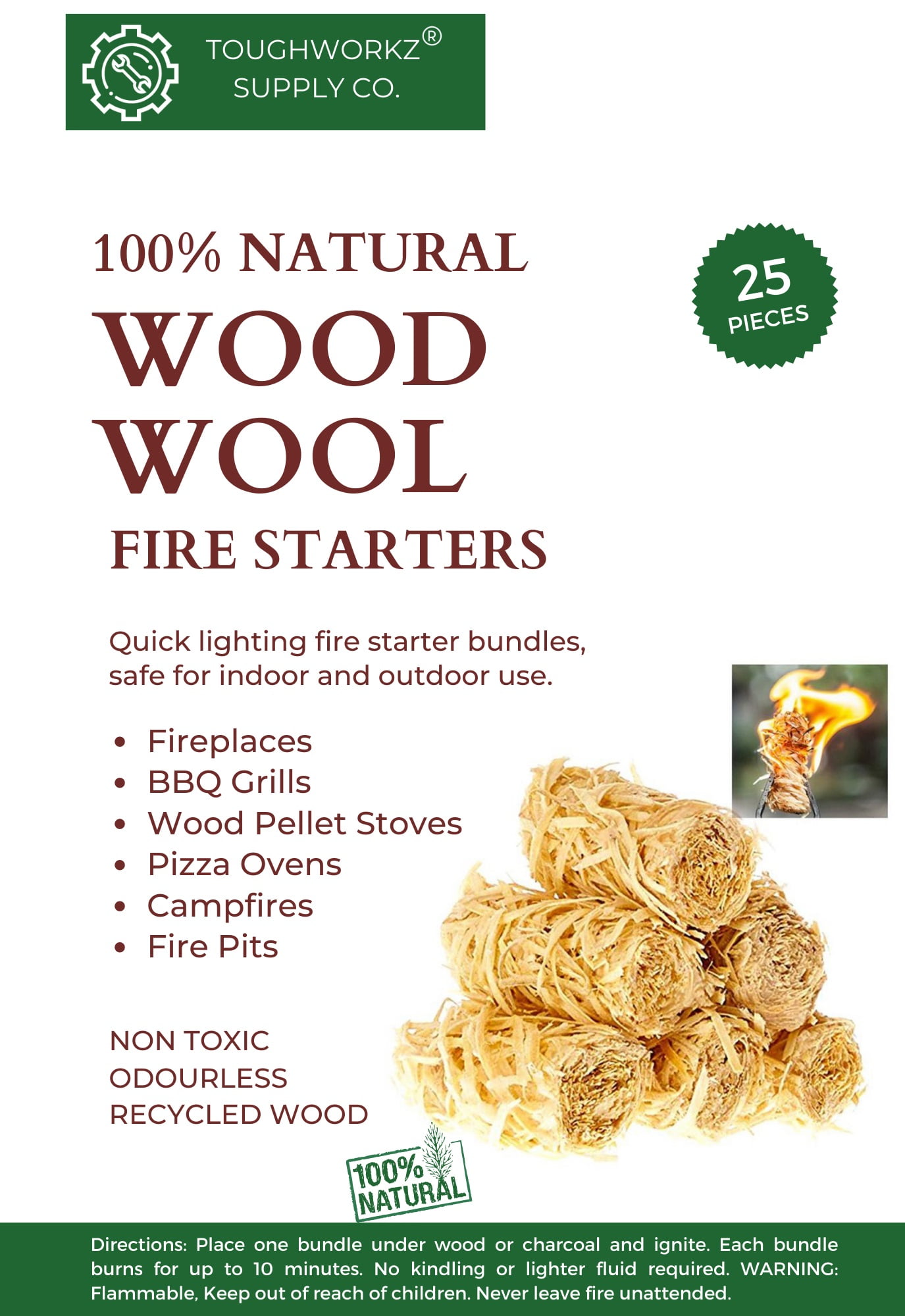 ToughWorkz Natural Wood Wool Firestarters for BBQ Grills, Pizza Ovens ...