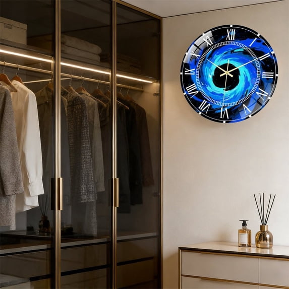 Toughened Glass Wall Clock with Abstract Cosmic Art Silent Movement ...