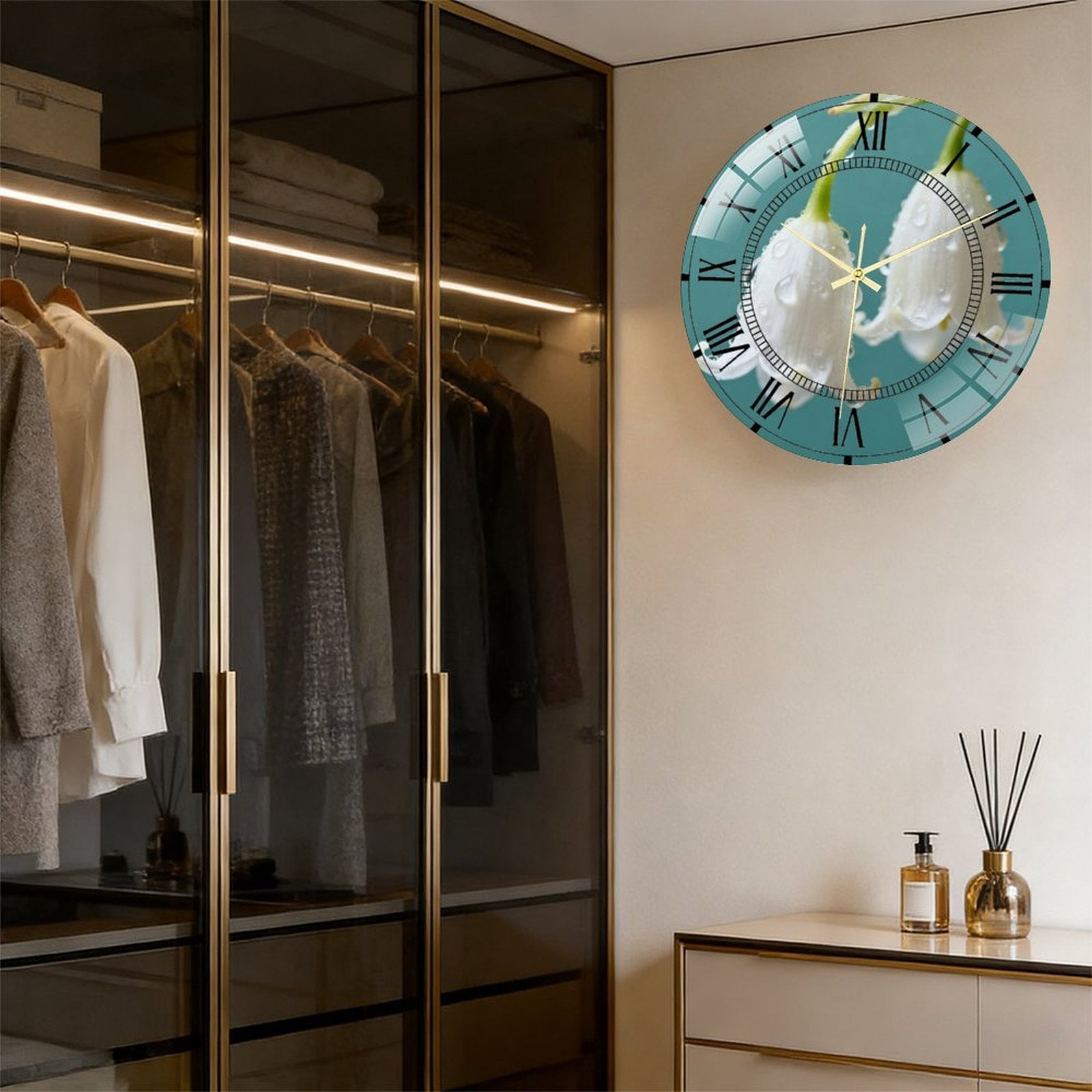 Toughened Glass Wall Clock with Delicate White Flower Art Silent ...