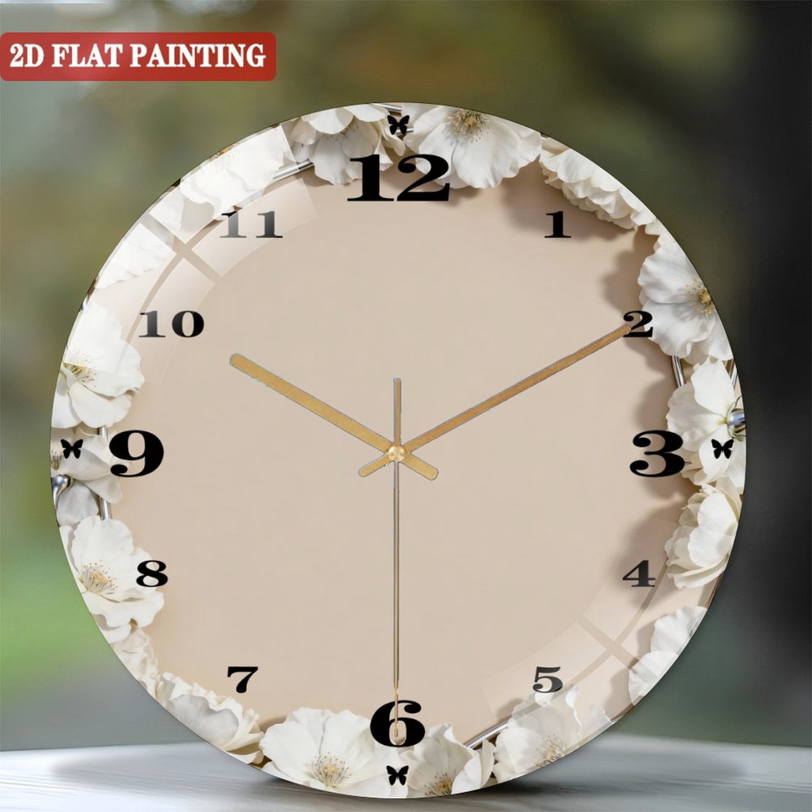 Toughened Glass Wall Clock with Floral Art Silent Movement, Battery ...