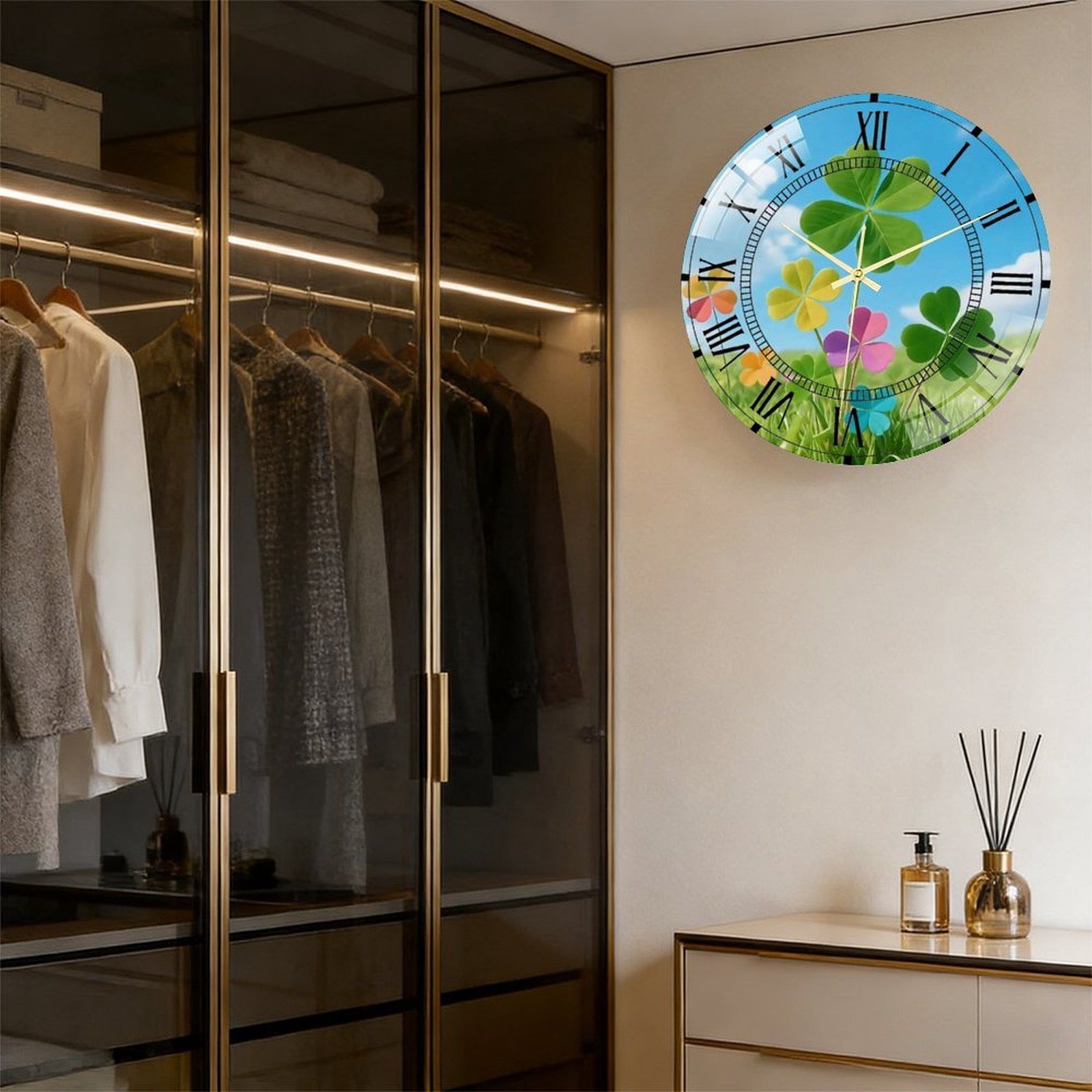 Toughened Glass Wall Clock with Lucky Shamrock Silent Movement, Battery ...