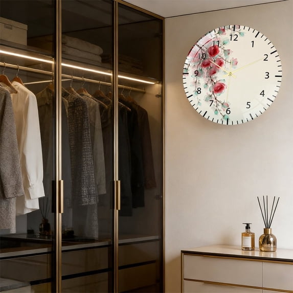 Toughened Glass Wall Clock with Romantic Floral Art Silent Movement ...