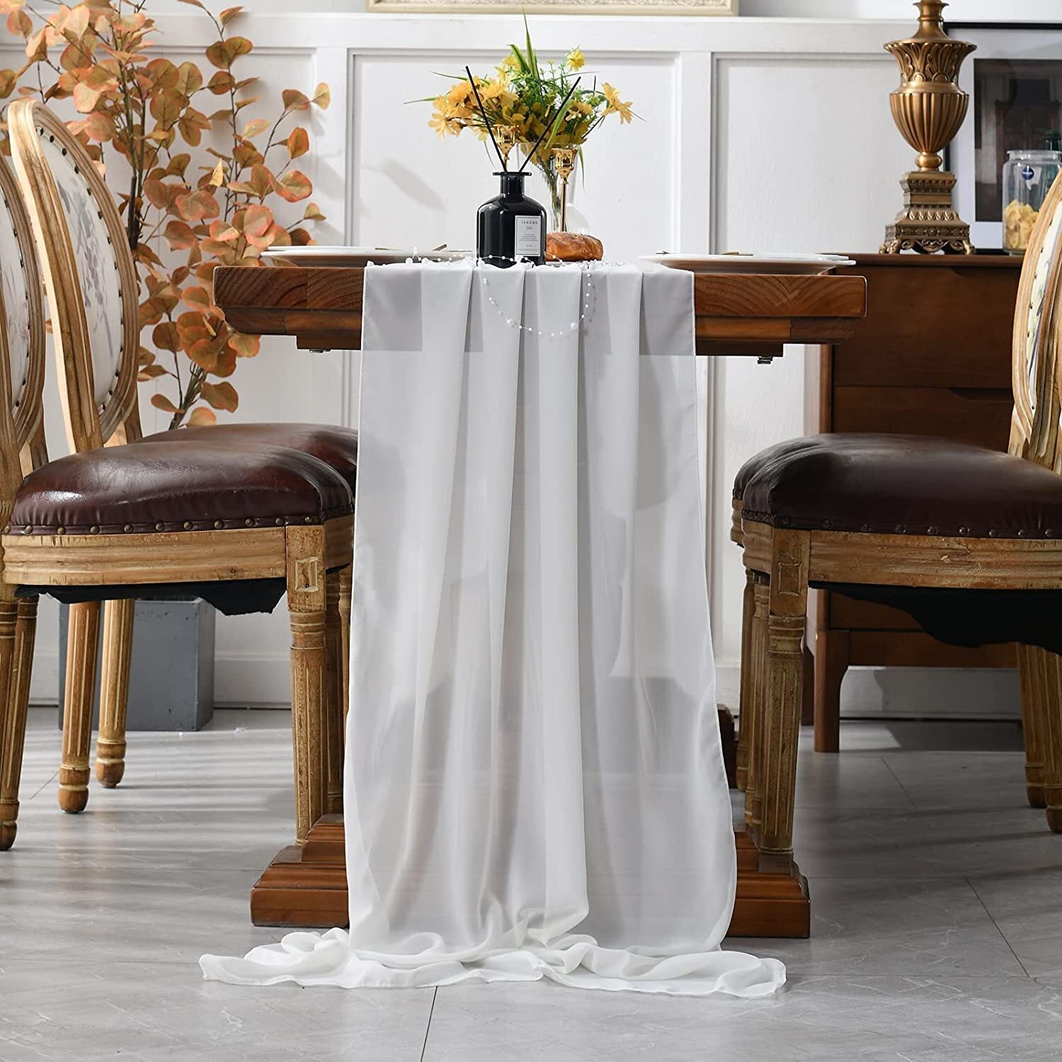 Touiyu 2pcs Christmas Table Runner Chiffon Doily Ivory 27x120 Inch Wedding Chiffon Doily Sheer ...