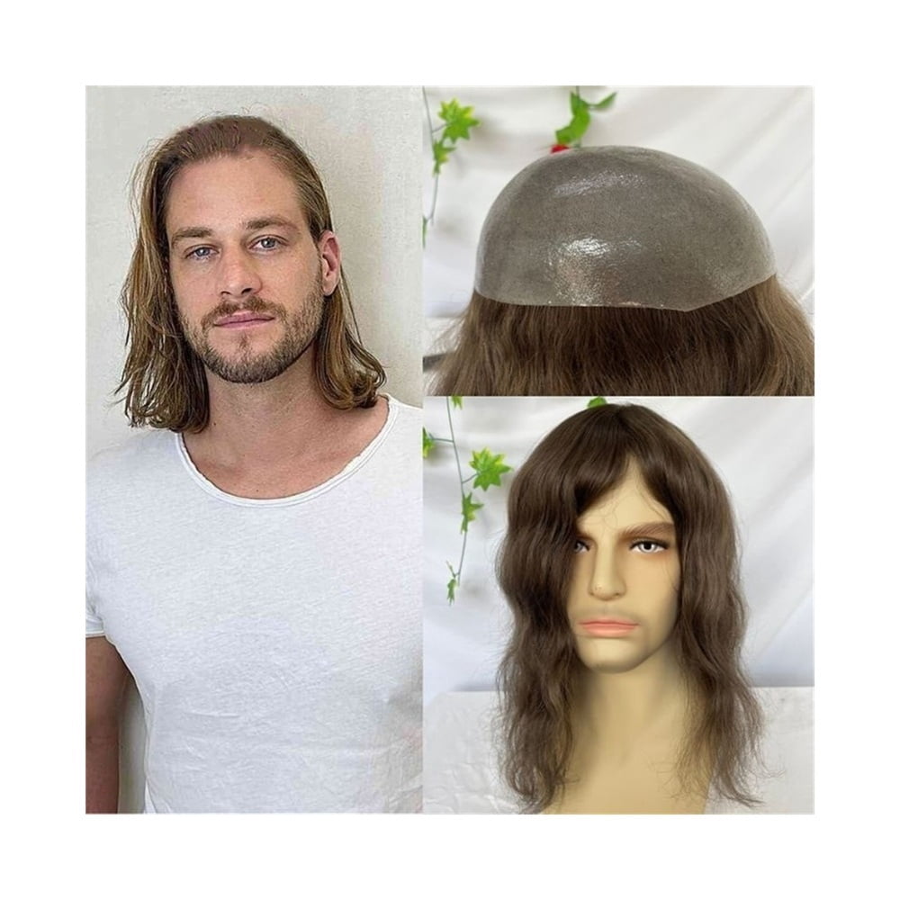 Toupee for Men, 12" Long Human Hair Replacement System 4# Medium Brown ...