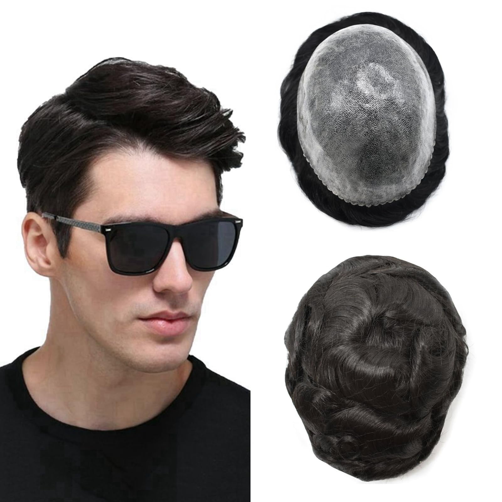 Toupee for Men Human Hair Replacement System Full Poly Mens Toupee ...