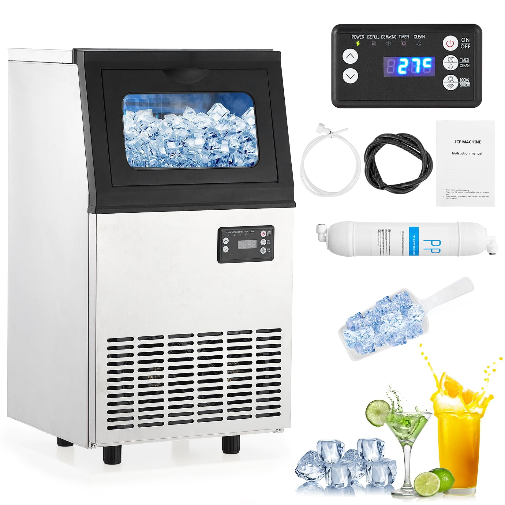 Towallmark 110V Commercial Ice Maker 72lbs/24h with 20 lbs Storage 4x9 ...
