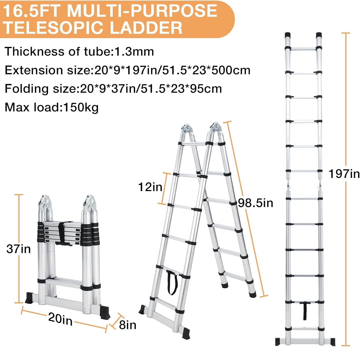 Towallmark 12.5 ft Aluminum Telescoping Ladder – Lightweight A-Frame ...