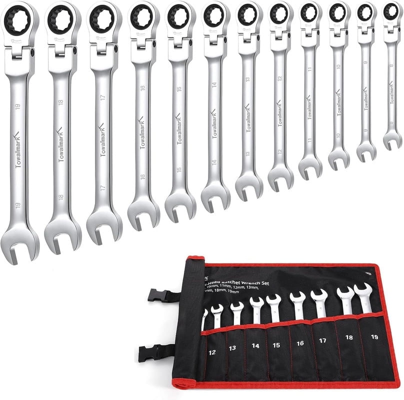 Towallmark 12 Piece Metric Ratcheting Wrench Set, 8 19mm Flex Head ...