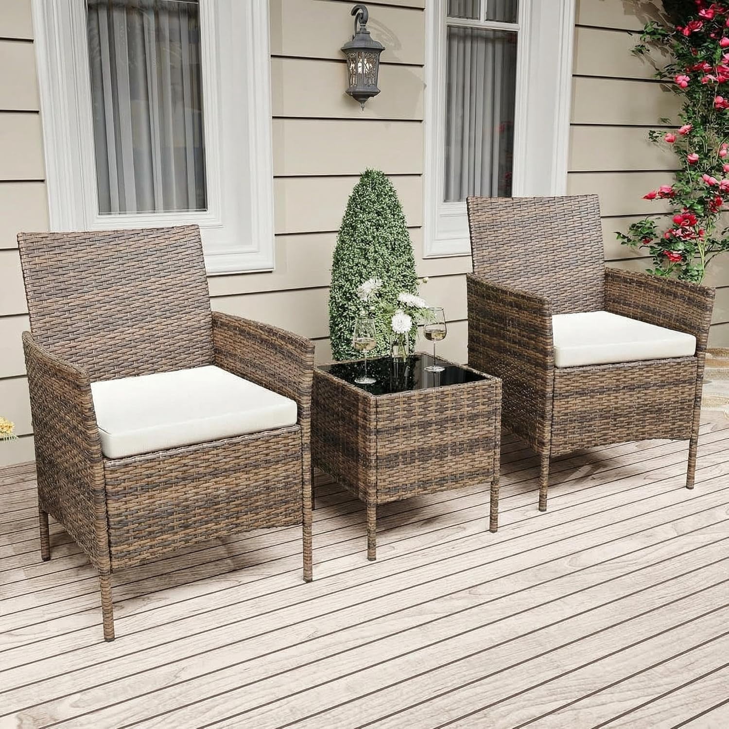 Towallmark 3 Piece Patio Bistro Set, Outdoor All-Weather PE Rattan ...