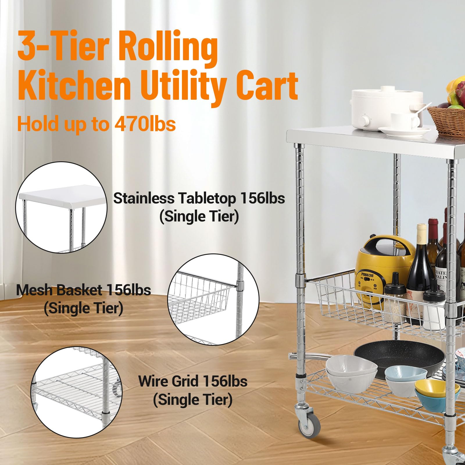 Towallmark 3-Tier Wire Rolling Kitchen Utility Cart – Commercial ...