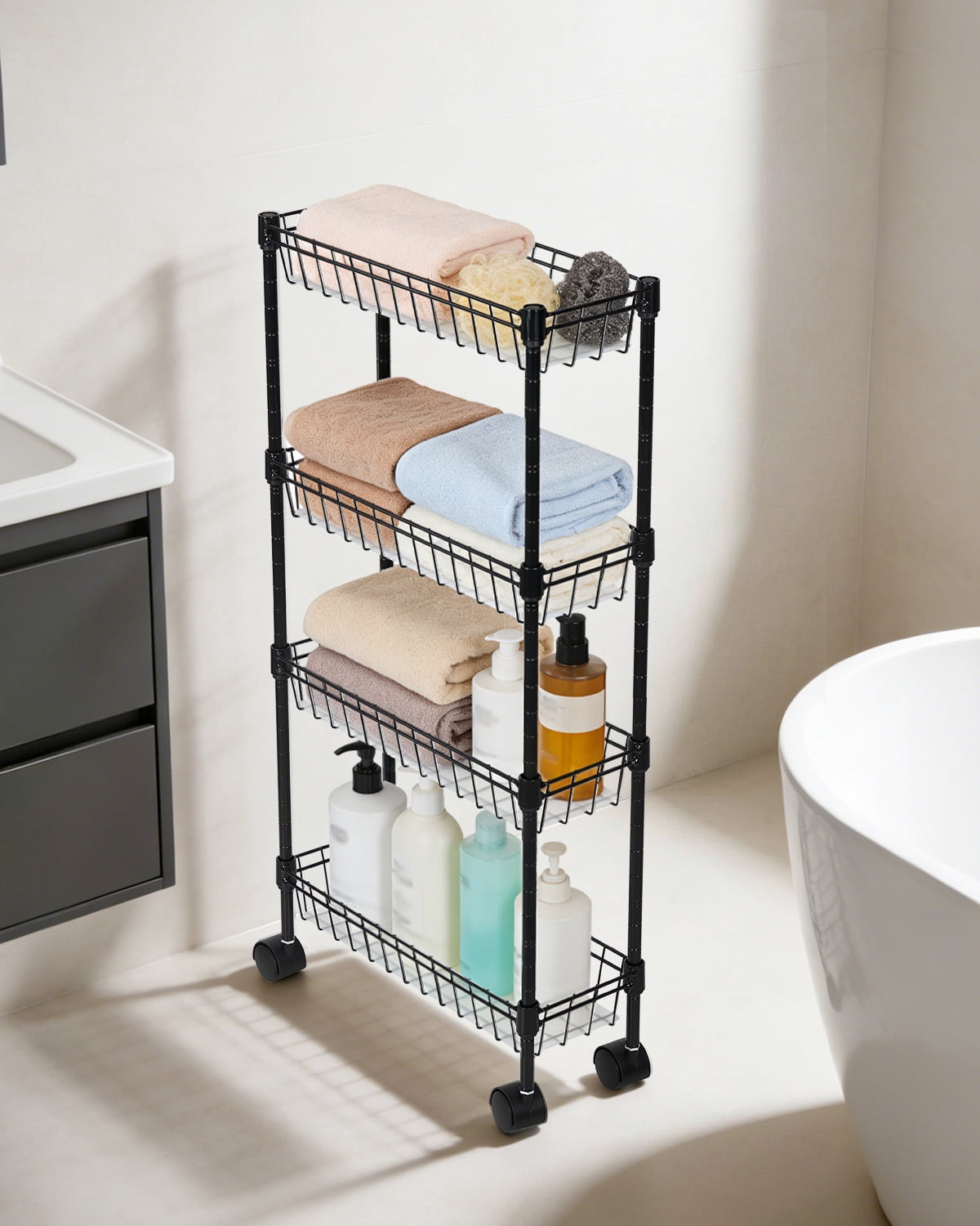 Towallmark 4 Tier Utility Rolling Cart, Metal Mobile Storage Cart with ...