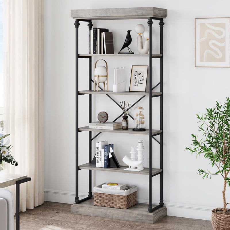 Towallmark 6 Tier Industrial Bookshelf, Wood Bookcase with Metal Frame ...
