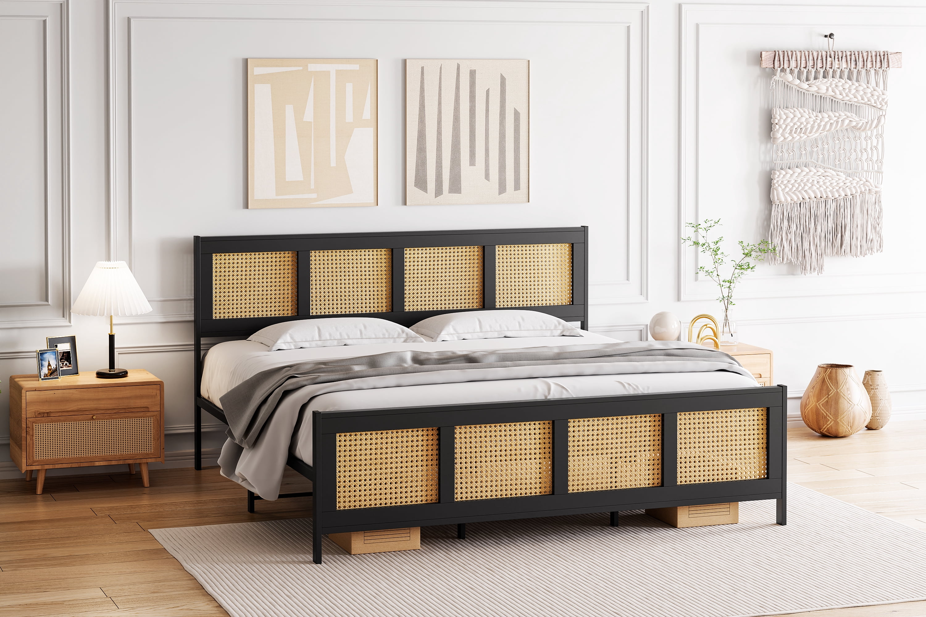 Towallmark Metal Double Lattice Rattan Bed Frame With Storage, Sturdy ...