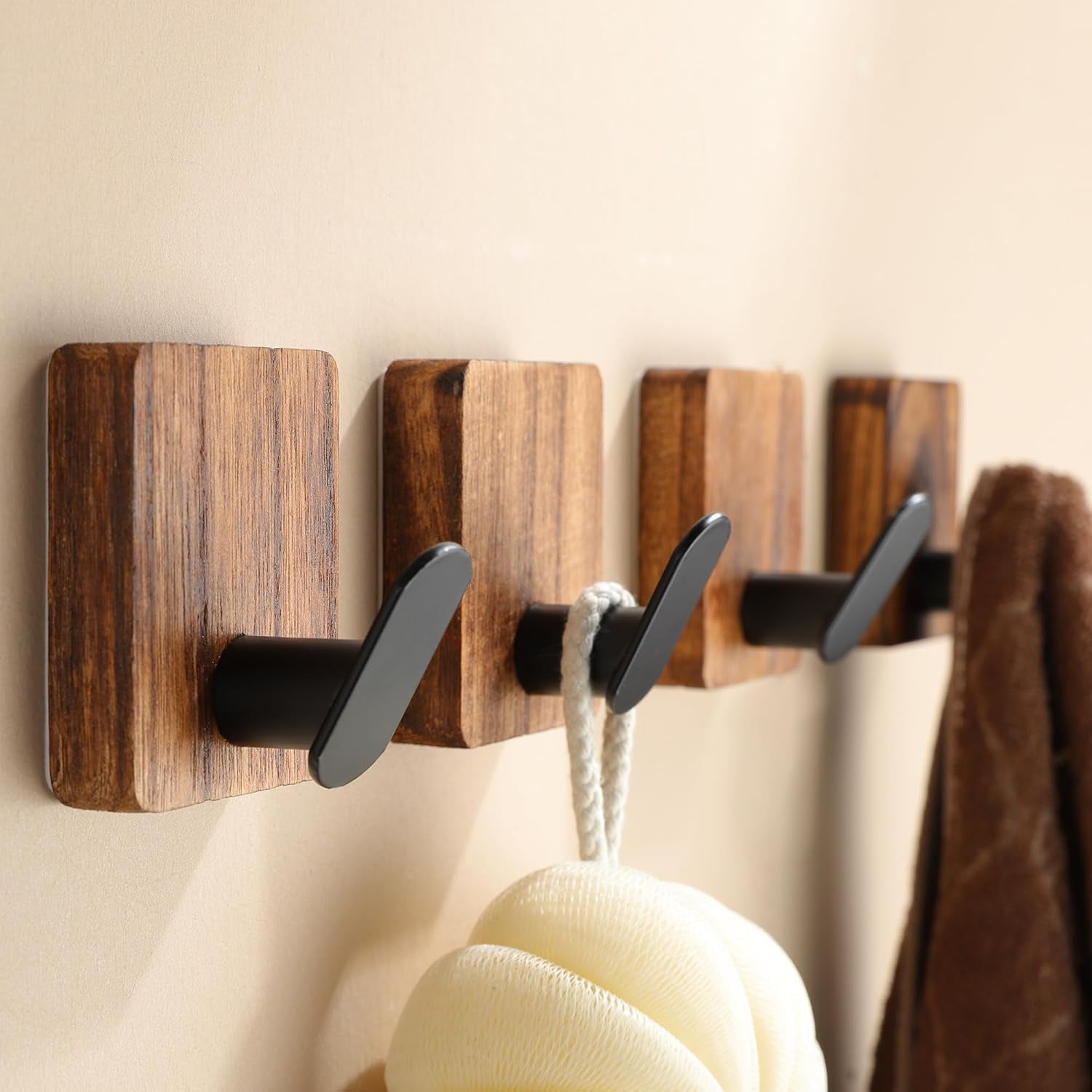 Towel Hooks for Bathrooms, 4 Pack Adhesive Wood Hooks for Hanging Robes ...