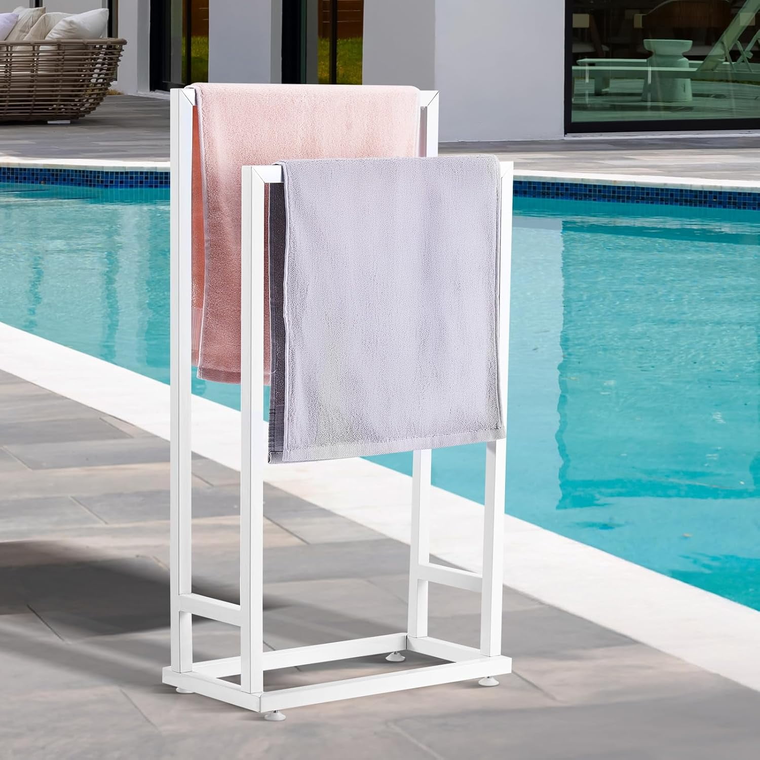 Towel Rack, 2 Bars Metal Outdoor Towel Holder, Freestanding Pool Towel ...