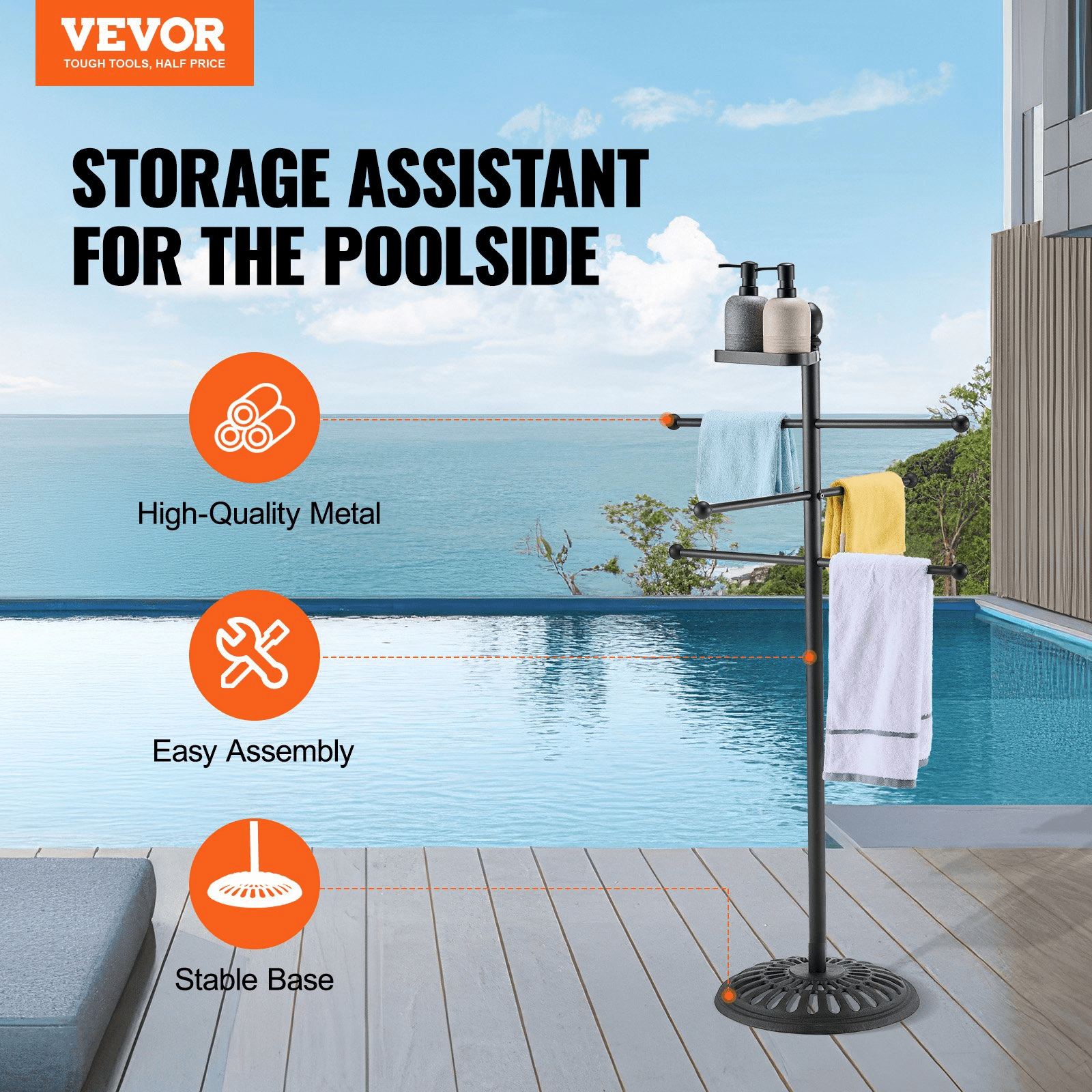 Vevor PTMJJSXHS3GCOHSLHV0 3-Bars Freestanding Pool Towel Hanger Rack ...