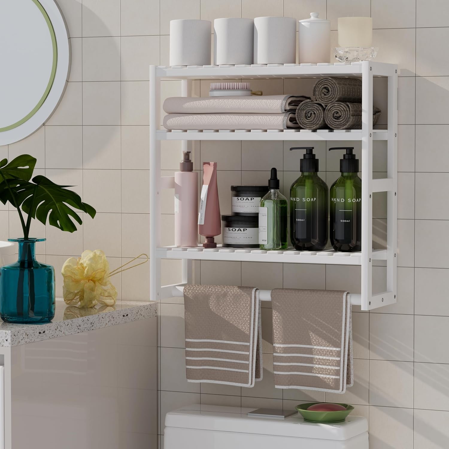 Towel Rack Bathroom Storage Shelves Over The Toilet with Towel Bar 100% ...