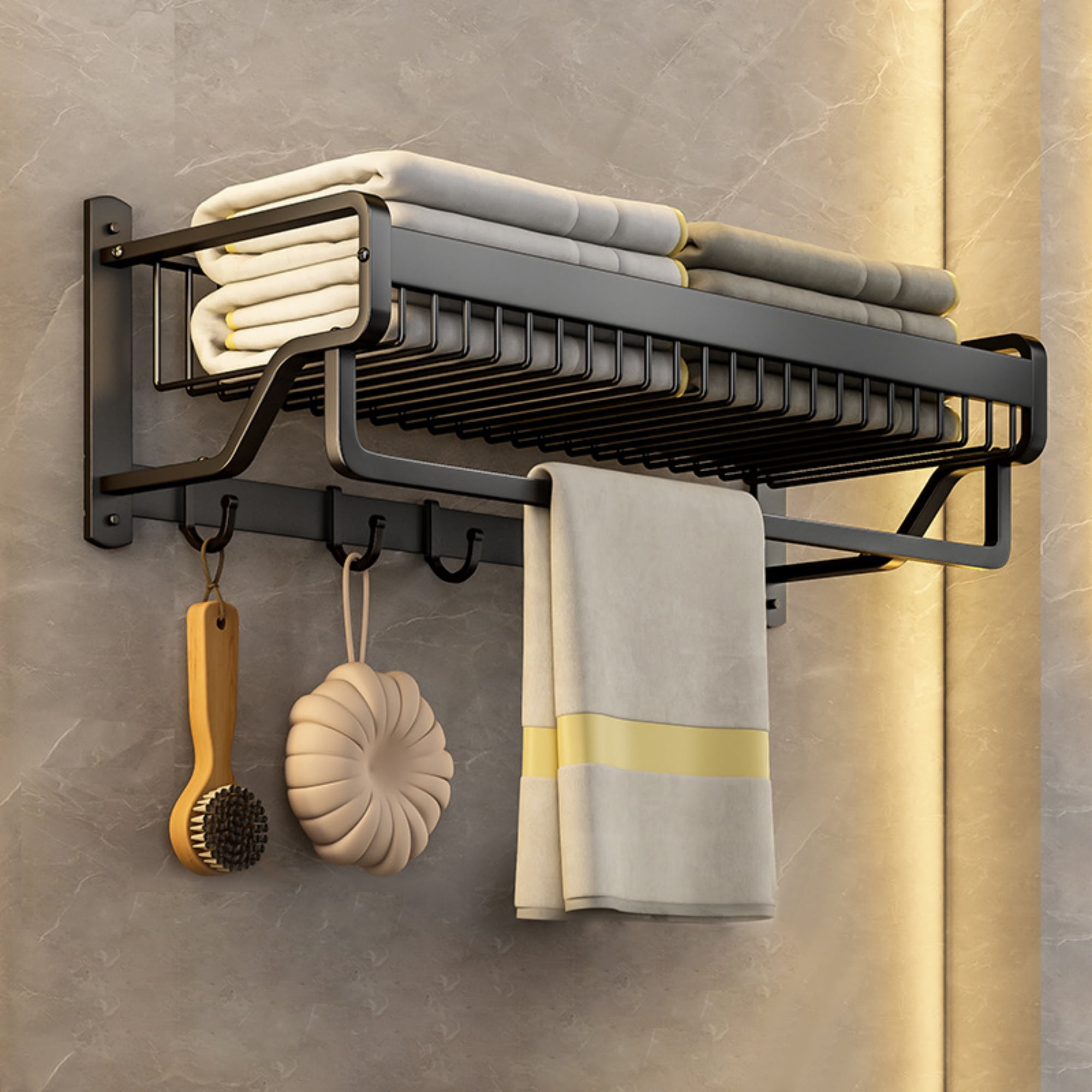 Cathoe Wall Mounted Towel Rack, Foldable Shelf with Bar and Hooks ...