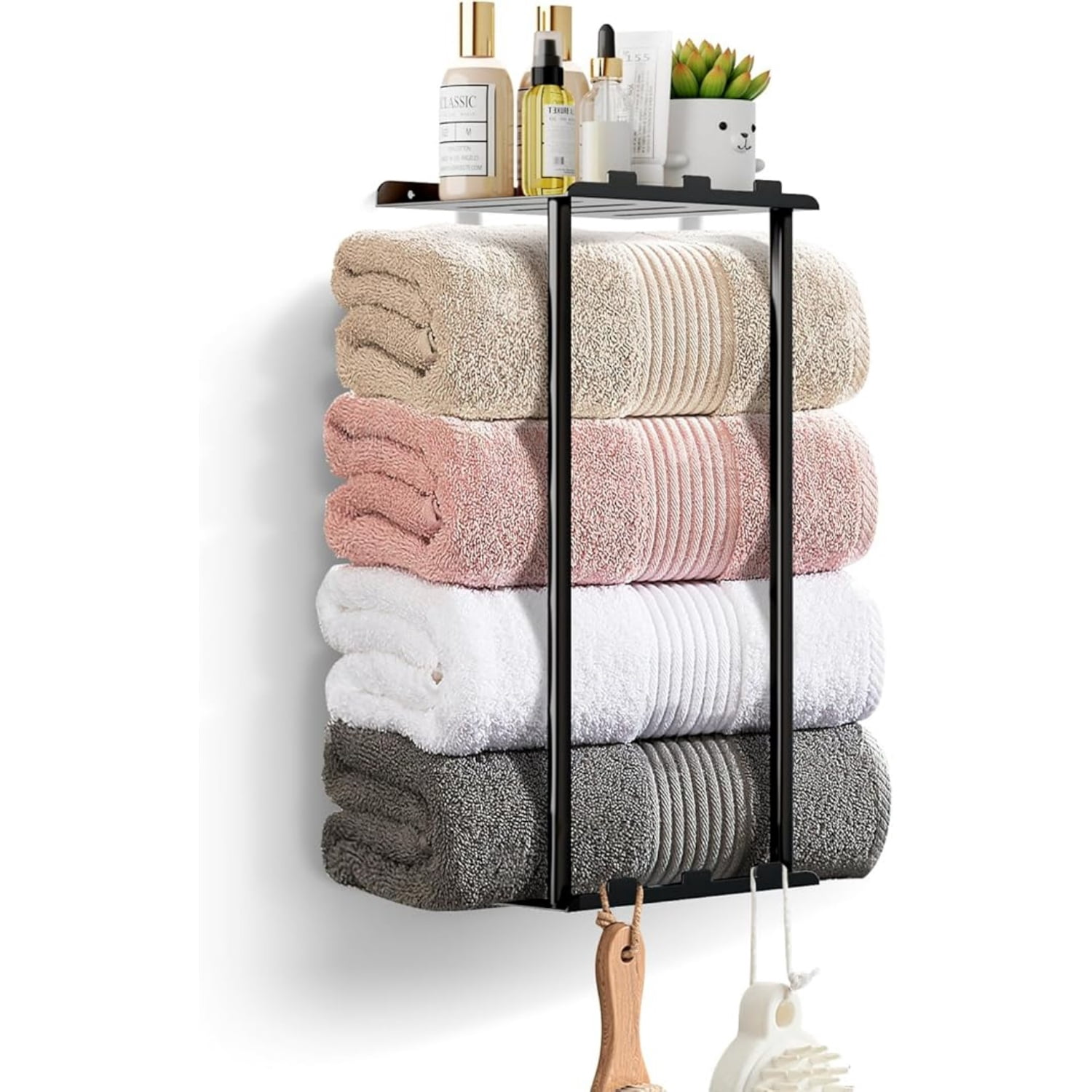 Towel Racks for Bathroom Towel Holder with Shelf & 6 Hooks,Space Saving ...