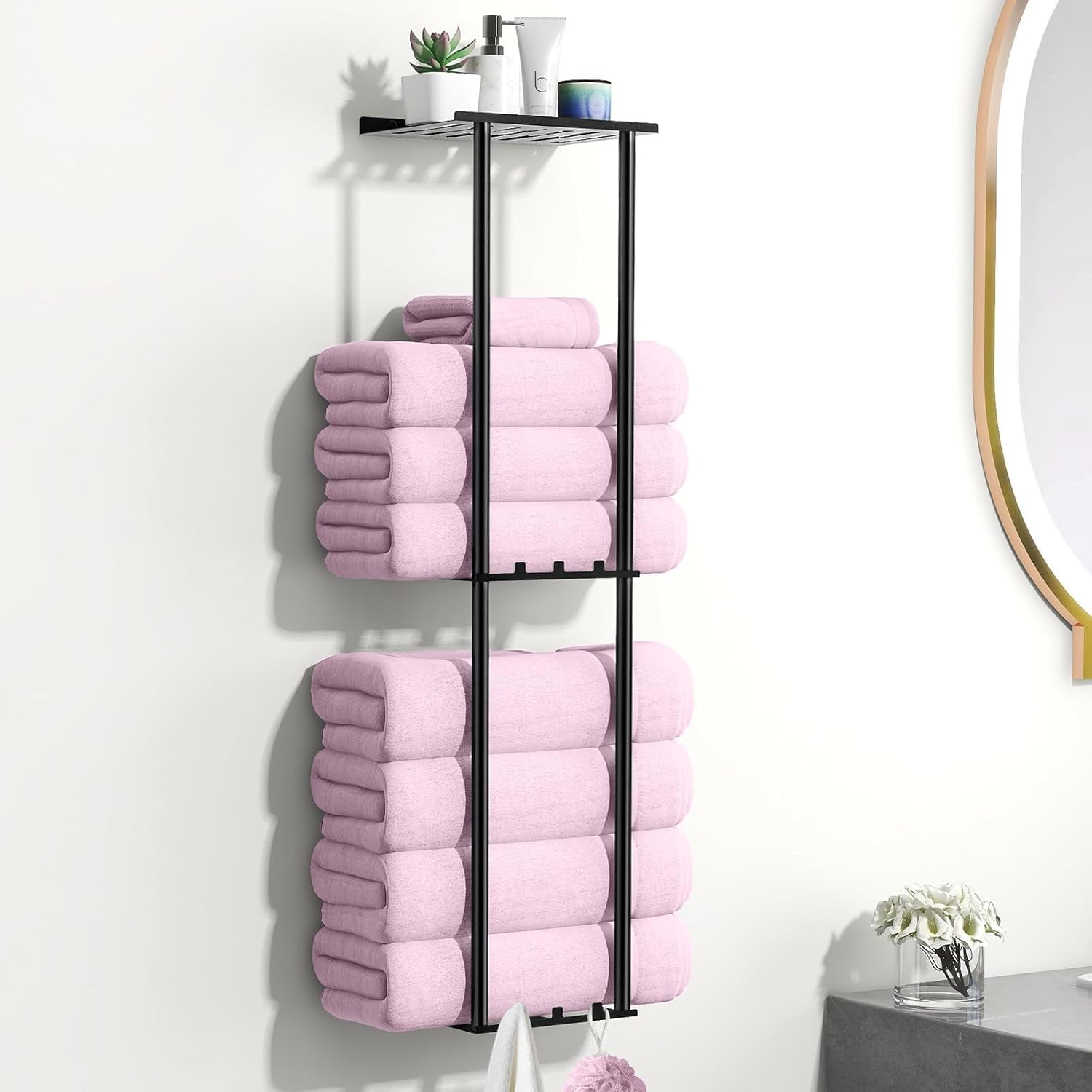 Towel Racks for Bathroom, Towel Storage with 3 Tier Metal Shelf and 6 ...