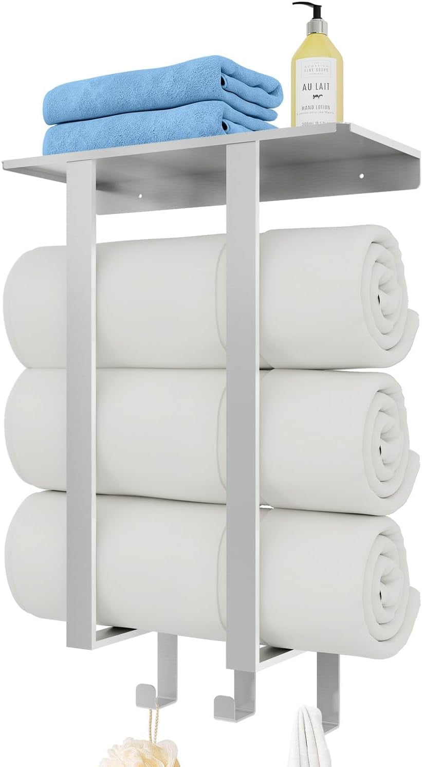 Towel Racks for Bathroom: Wall Mounted Towel Rack with Shelf & 3 Hooks ...