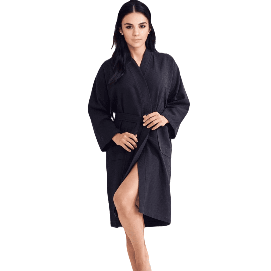 TowelSoft Women's Waffle Black Long Premium Cotton Blend Bathrobe ...