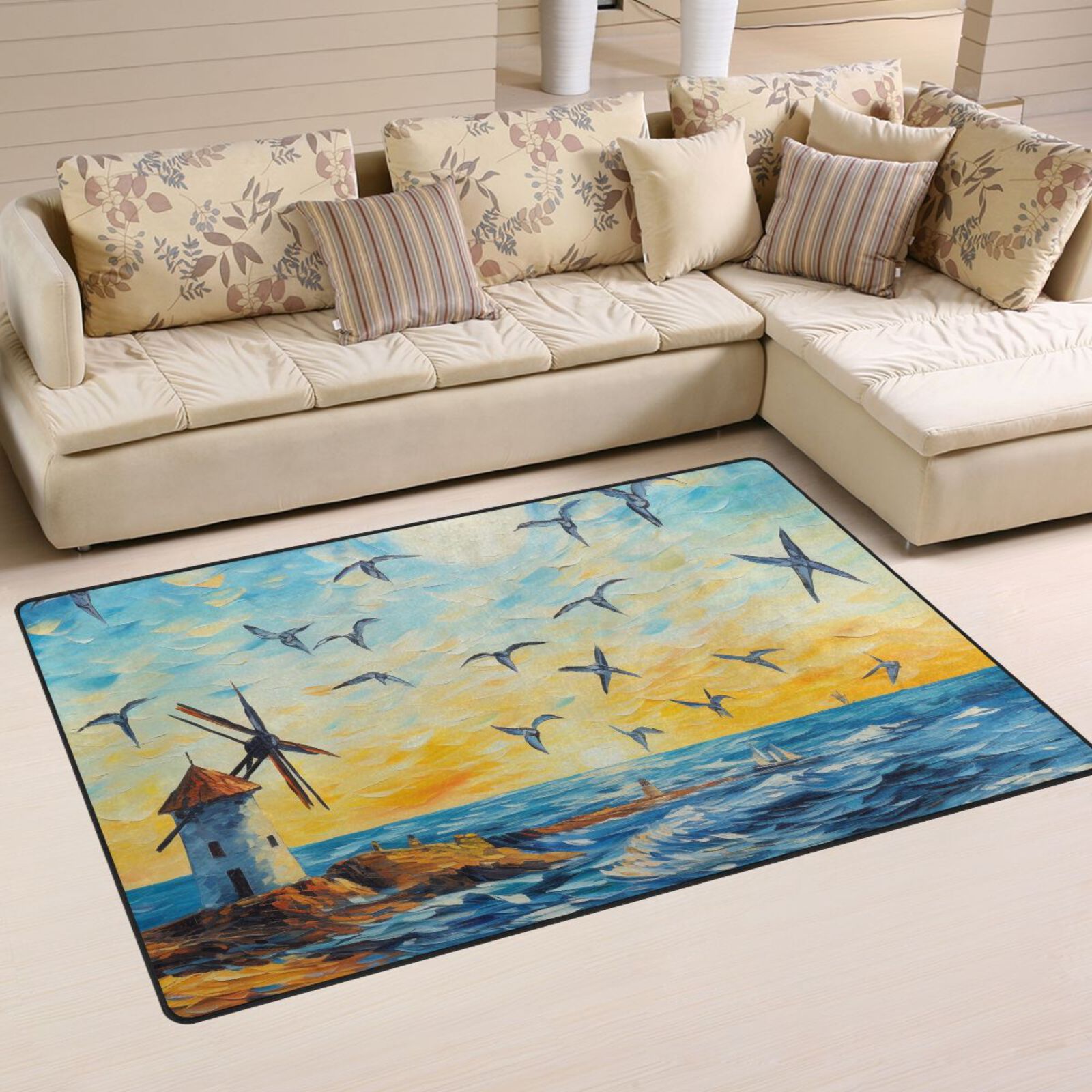 Tower Birds Sea Painting Sun Area Rug Washable Floor Carpet Mat 60 x 39 ...