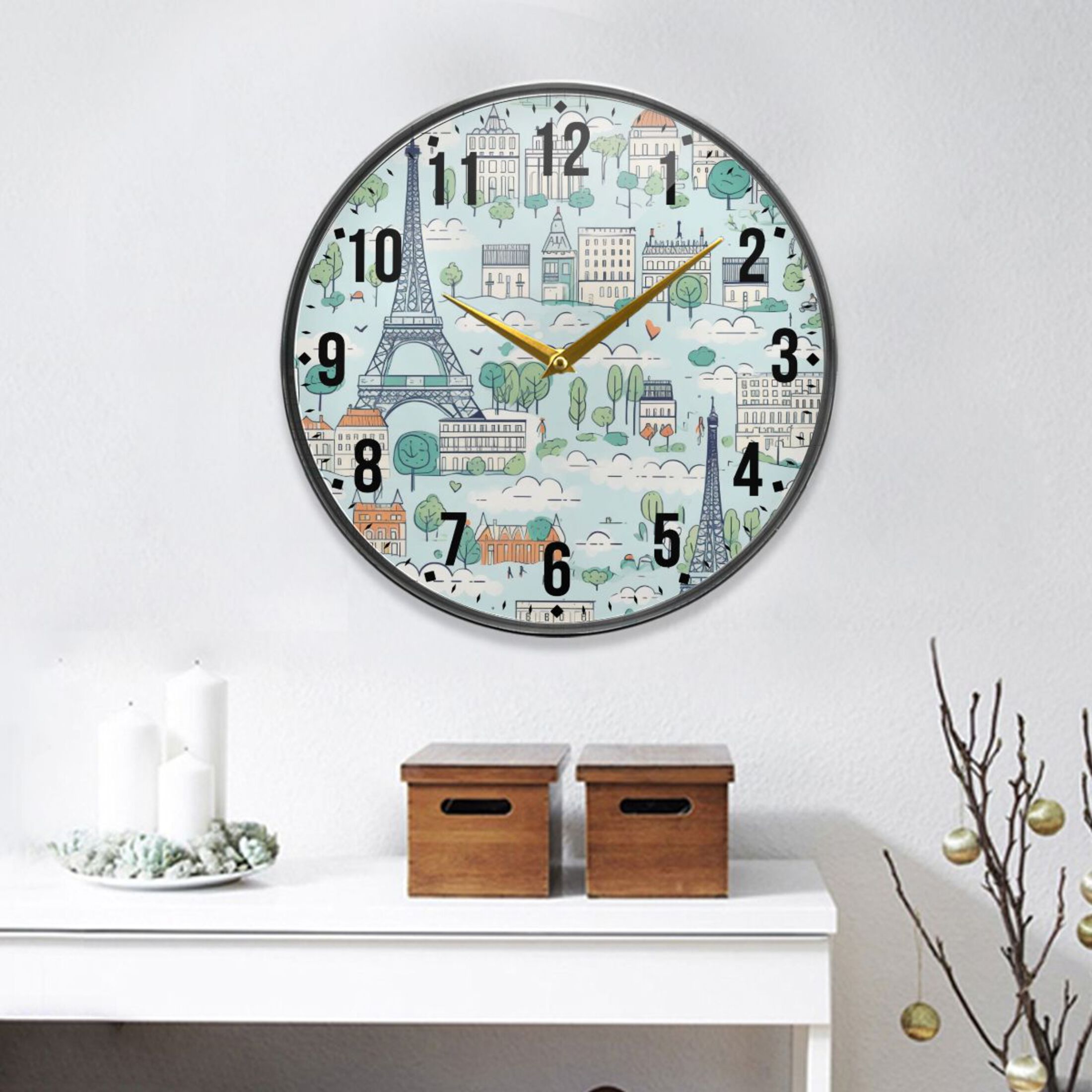 Tower Building Tree Round Wall Clock 12 Inch Non-Ticking Silent Battery ...