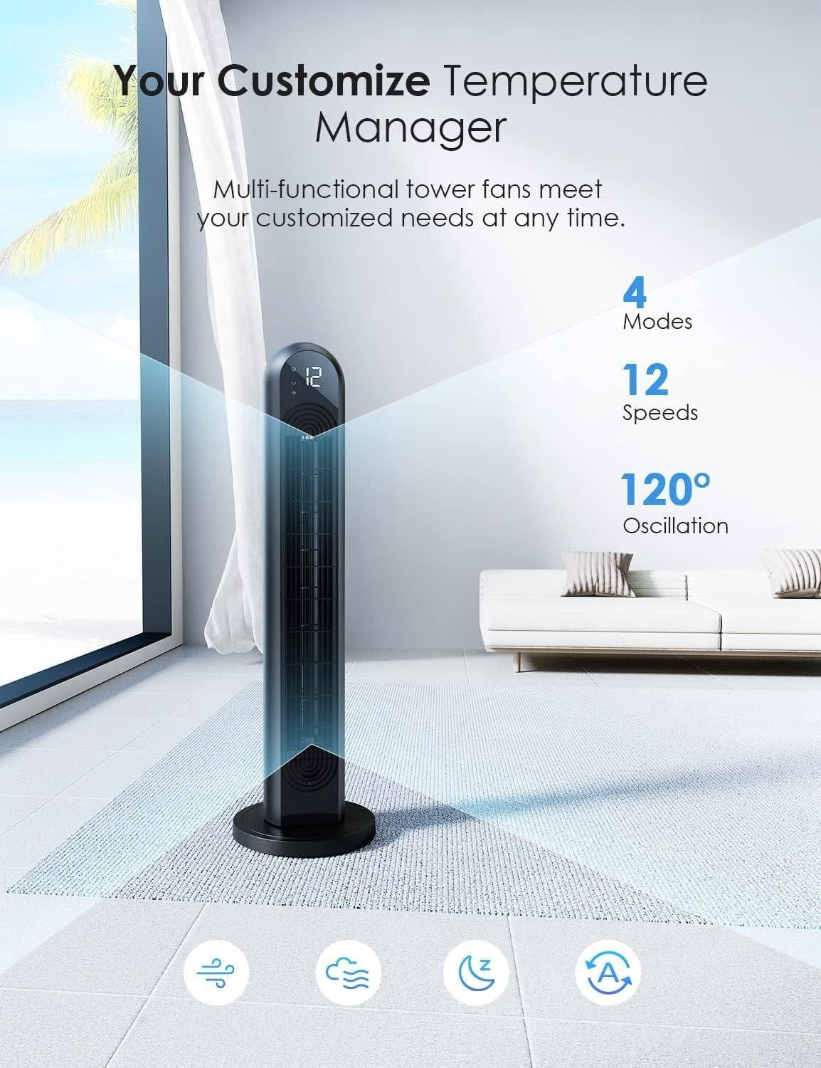 Tower Fan 42 inch, 29ft Air Supply Distance, Quiet 120° Oscillating Fan ...