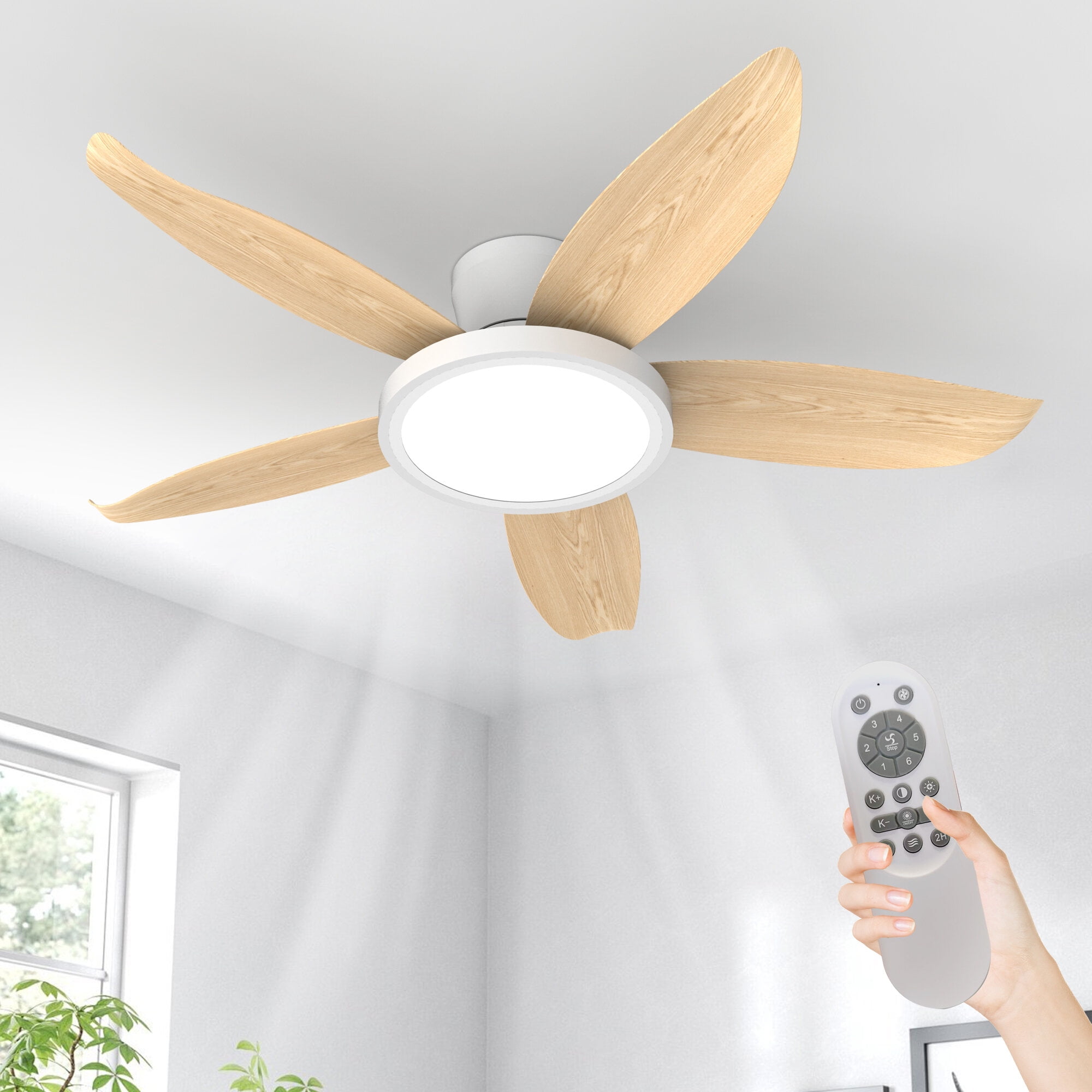 Tower Fan 42-inch eye-friendly light source Woodgrain finish blades ...